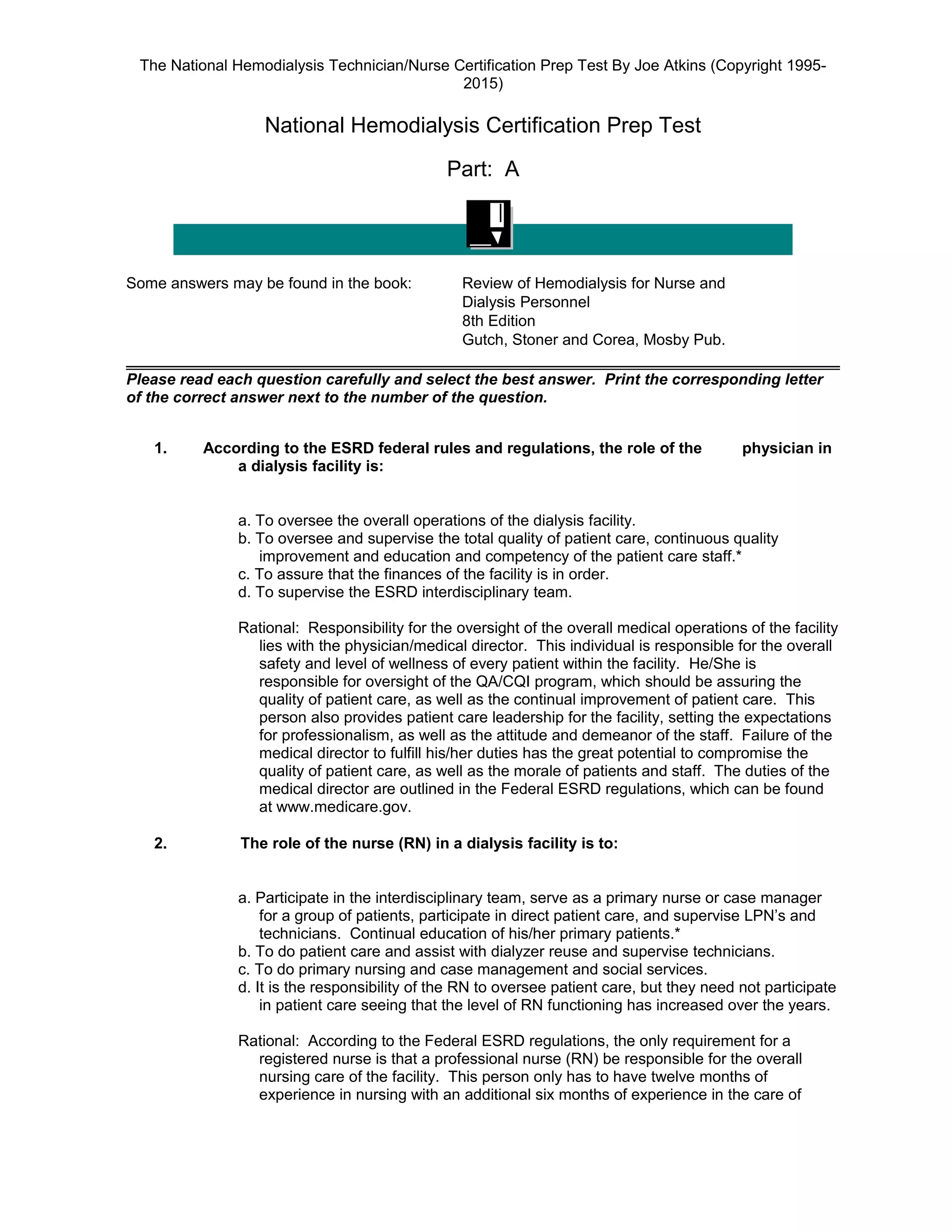 The National Hemodialysis Certification Prep Examination 2014 | DOC