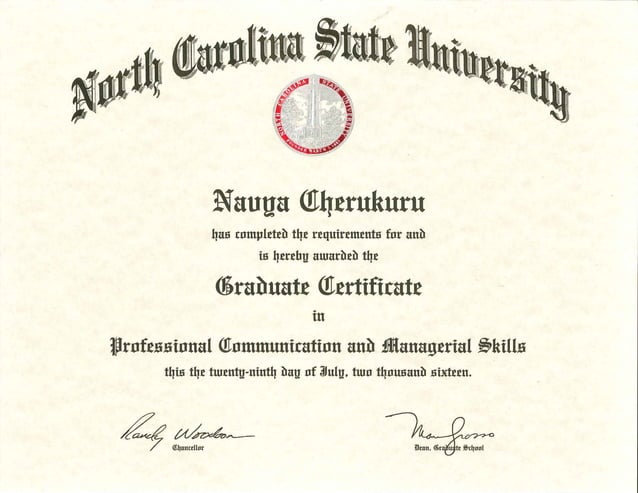 Navya NC State MBA Certificate | PDF