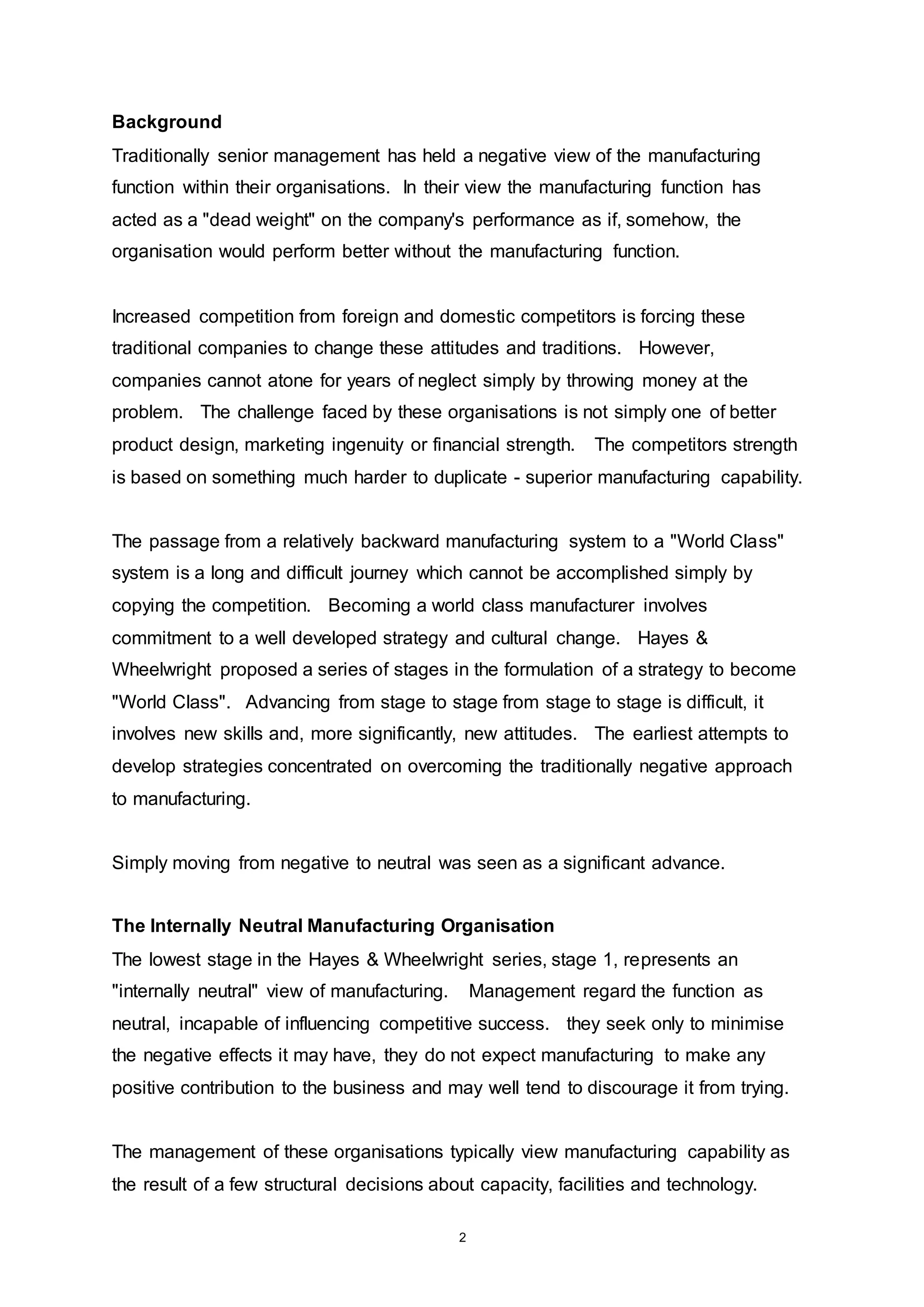 Achieving World Class Performance in Manufacturing | DOCX