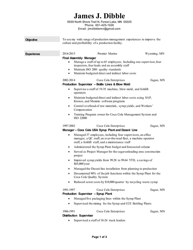 Jim Dibble Resume | DOCX | Manufacturing Industry | Industries