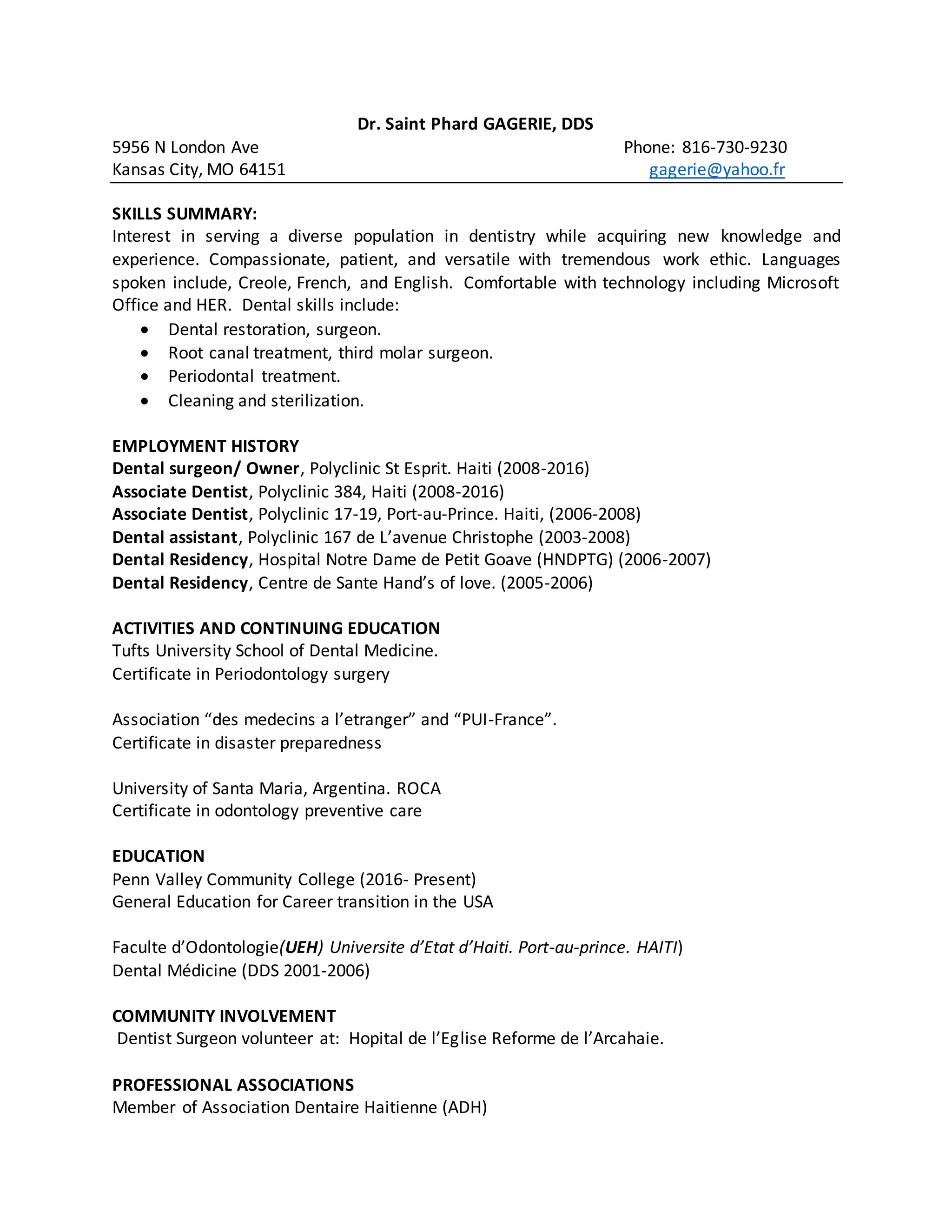DDS Gage Resume3 | DOCX | Dental Health | Diseases and Conditions