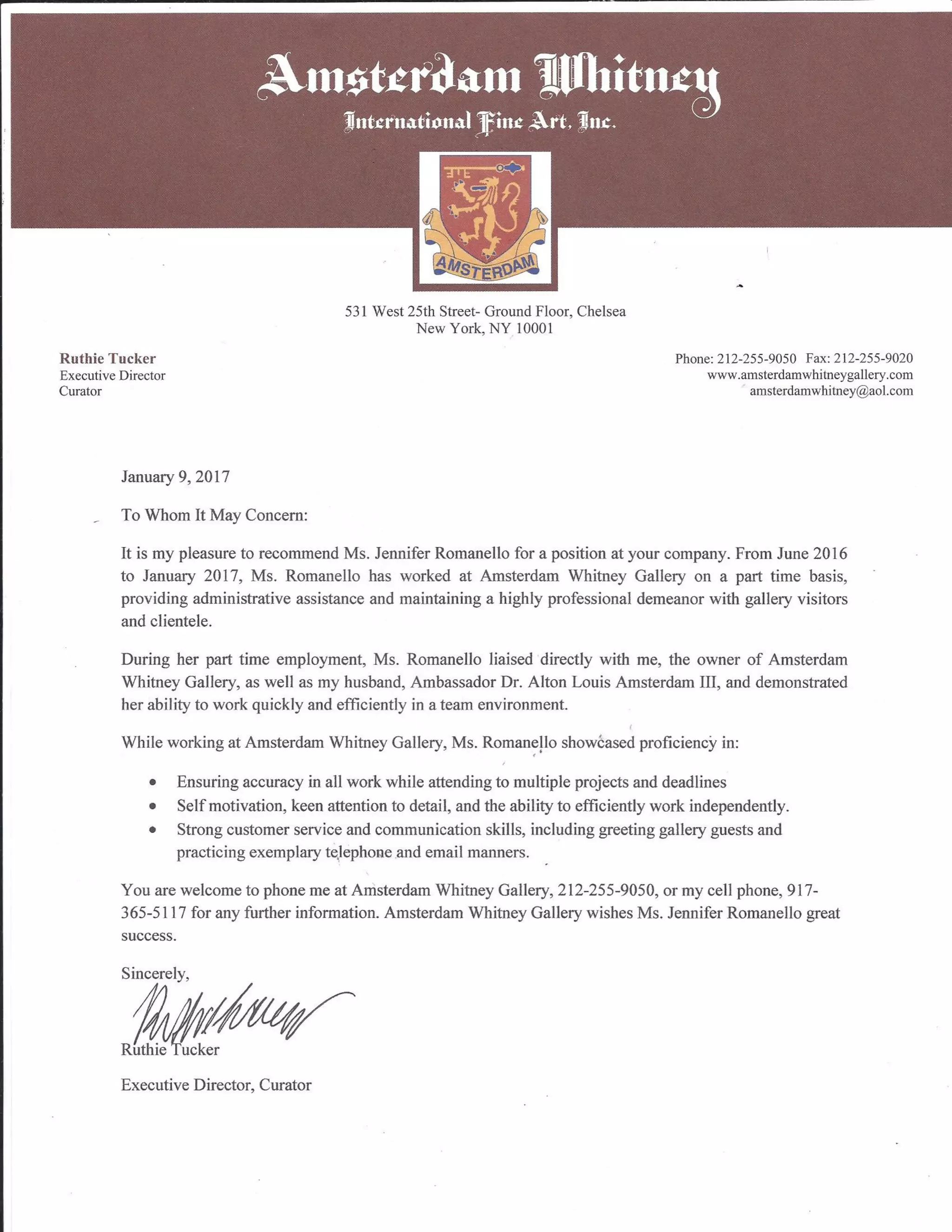 JENNIFER ROMANELLO LETTER OF RECOMMENDATION AMSTERDAM WHITNEY GALLERY | PDF