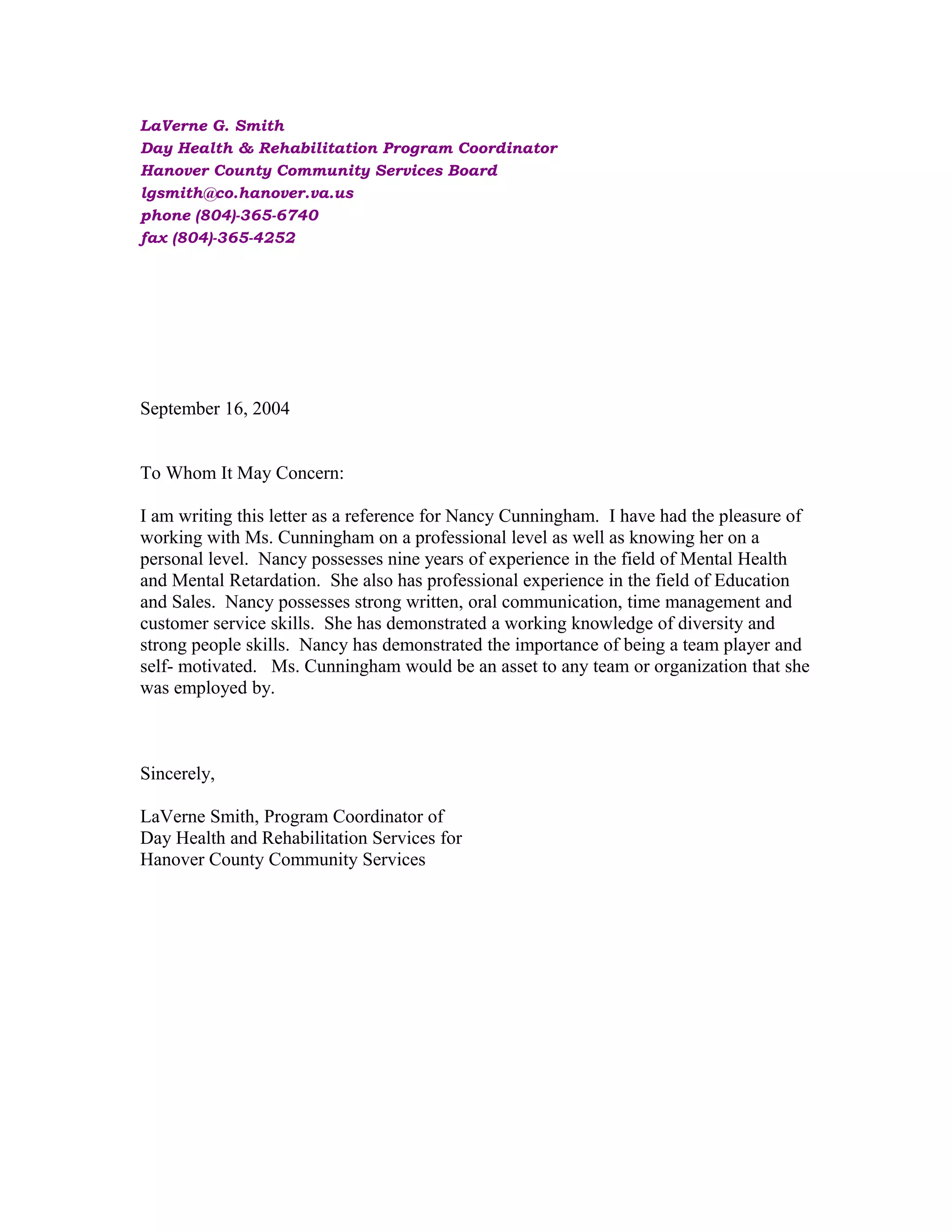 a letter of reference from Mrs. Laverne Smith | DOC