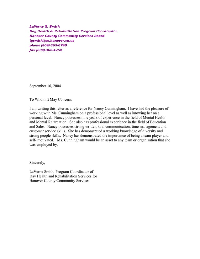 a letter of reference from Mrs. Laverne Smith | DOC