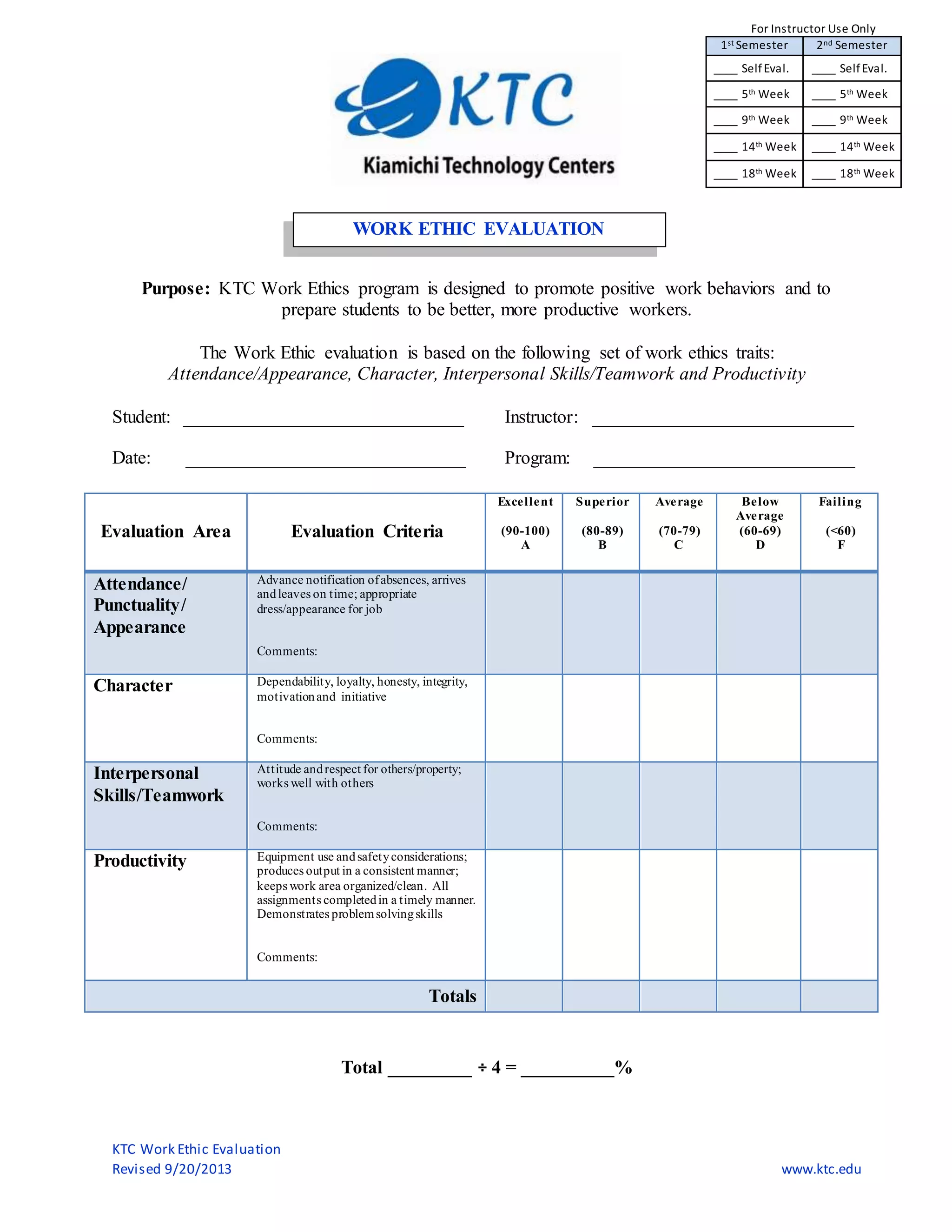 KTC Work Ethic Grading Form | DOCX