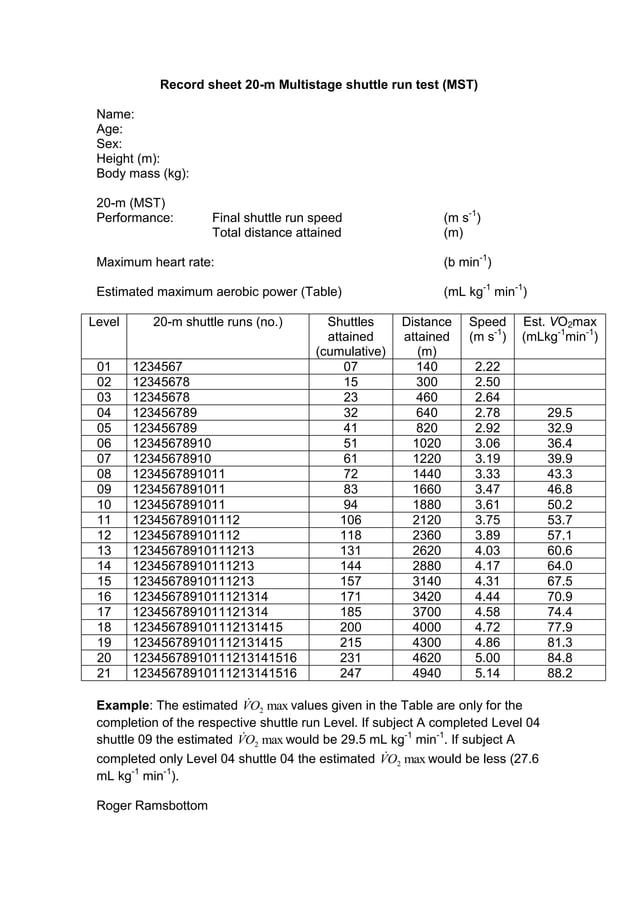 20-m Shuttle Test Record Sheet | PDF | Physics | Science