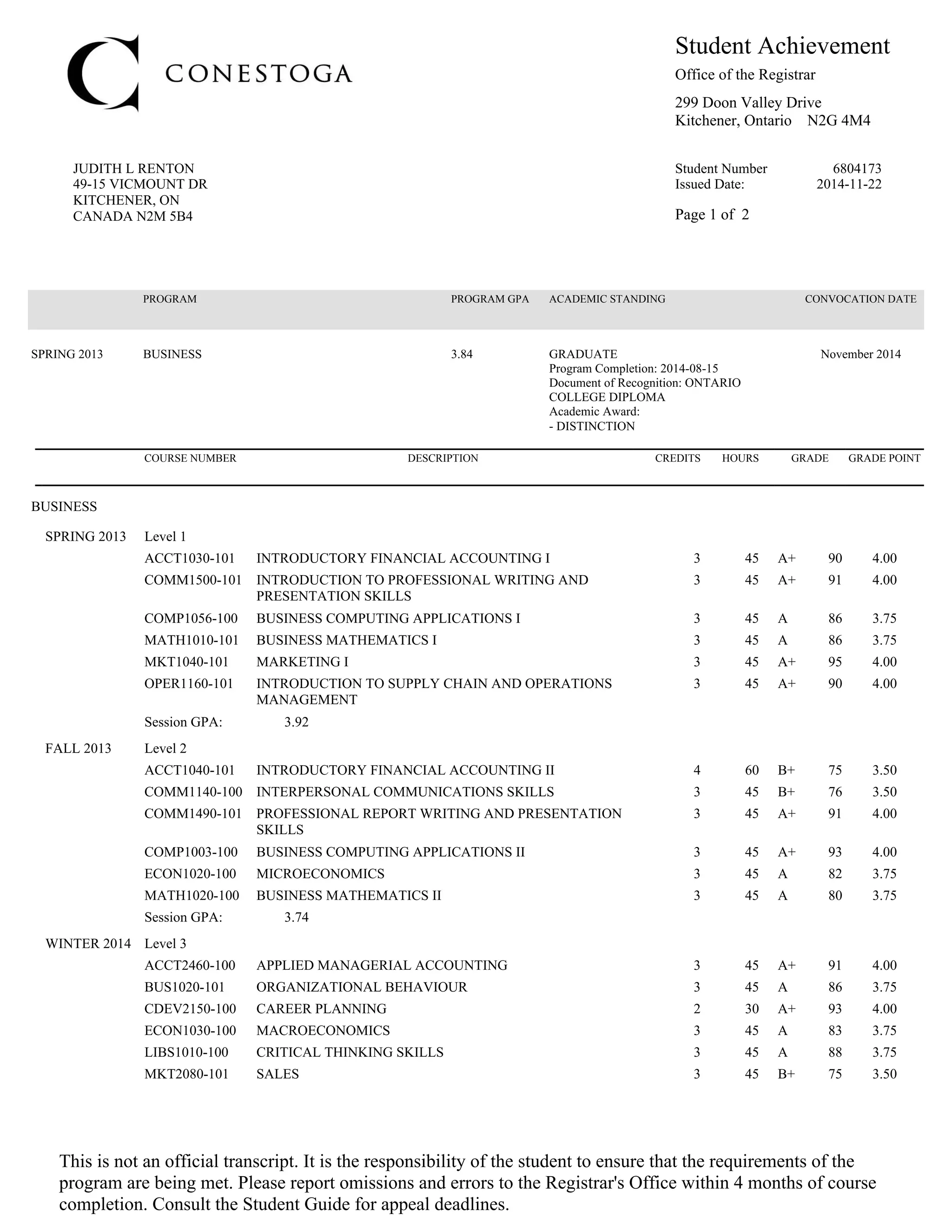 Judith Renton Achievement.Business Diploma | PDF