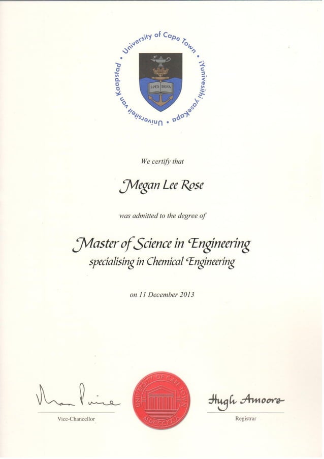 ML Rose_MSc degree certificate_University of Cape Town | PDF