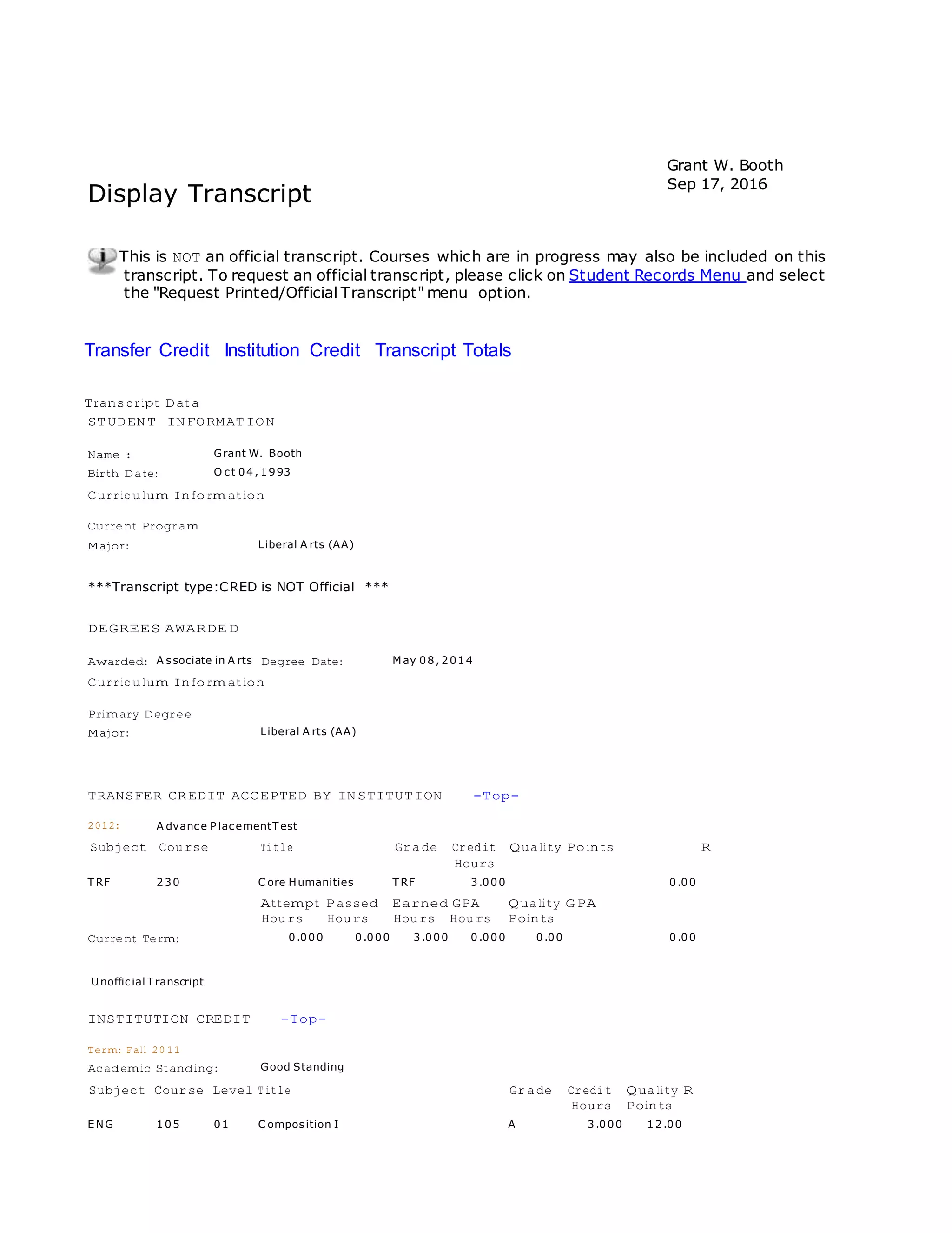 Unofficial Transcript | DOCX | Undergraduate Education | College Education