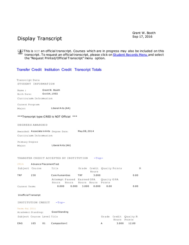 Unofficial Transcript | DOCX | Undergraduate Education | College Education