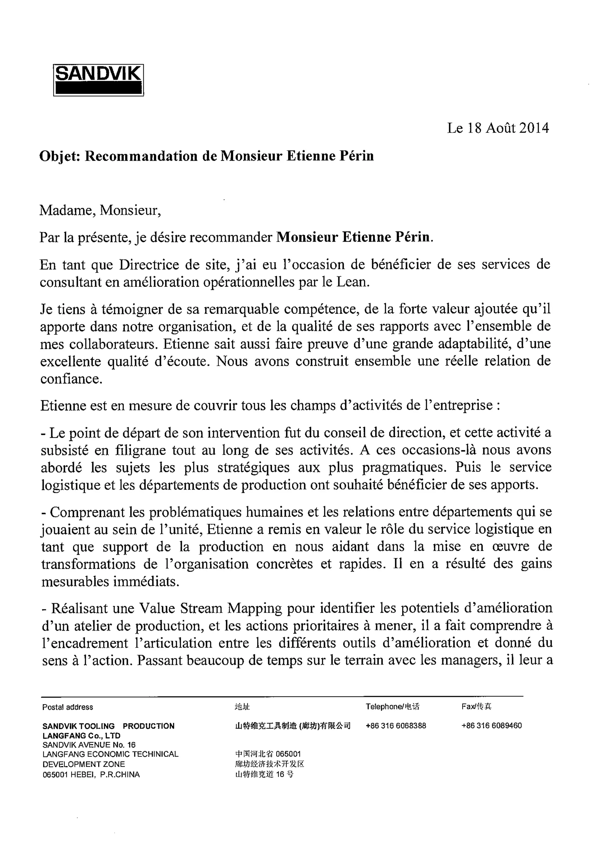 Recommandation Letter from Elisabeth Lindstrom Plant Manager Sandvik ...