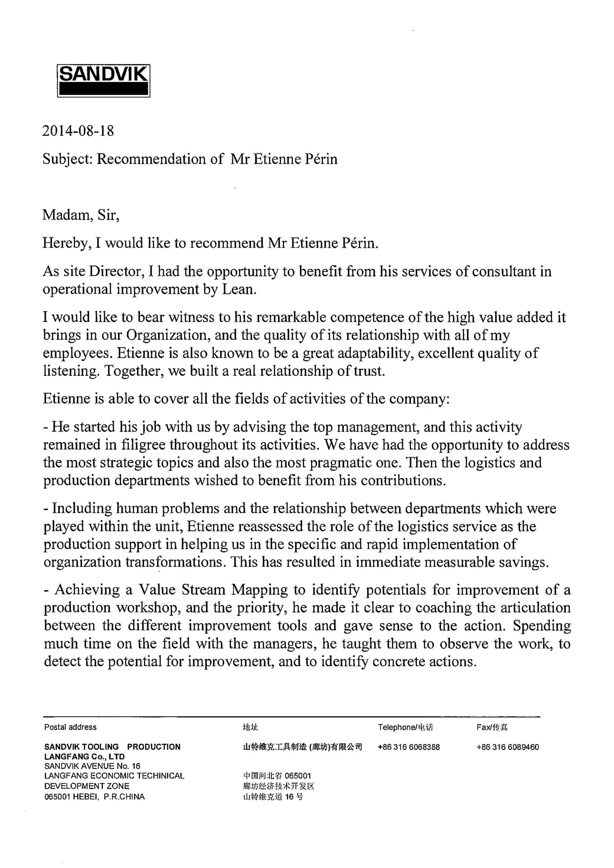 Recommandation Letter from Elisabeth Lindstrom Plant Manager Sandvik - FR & EN | PDF