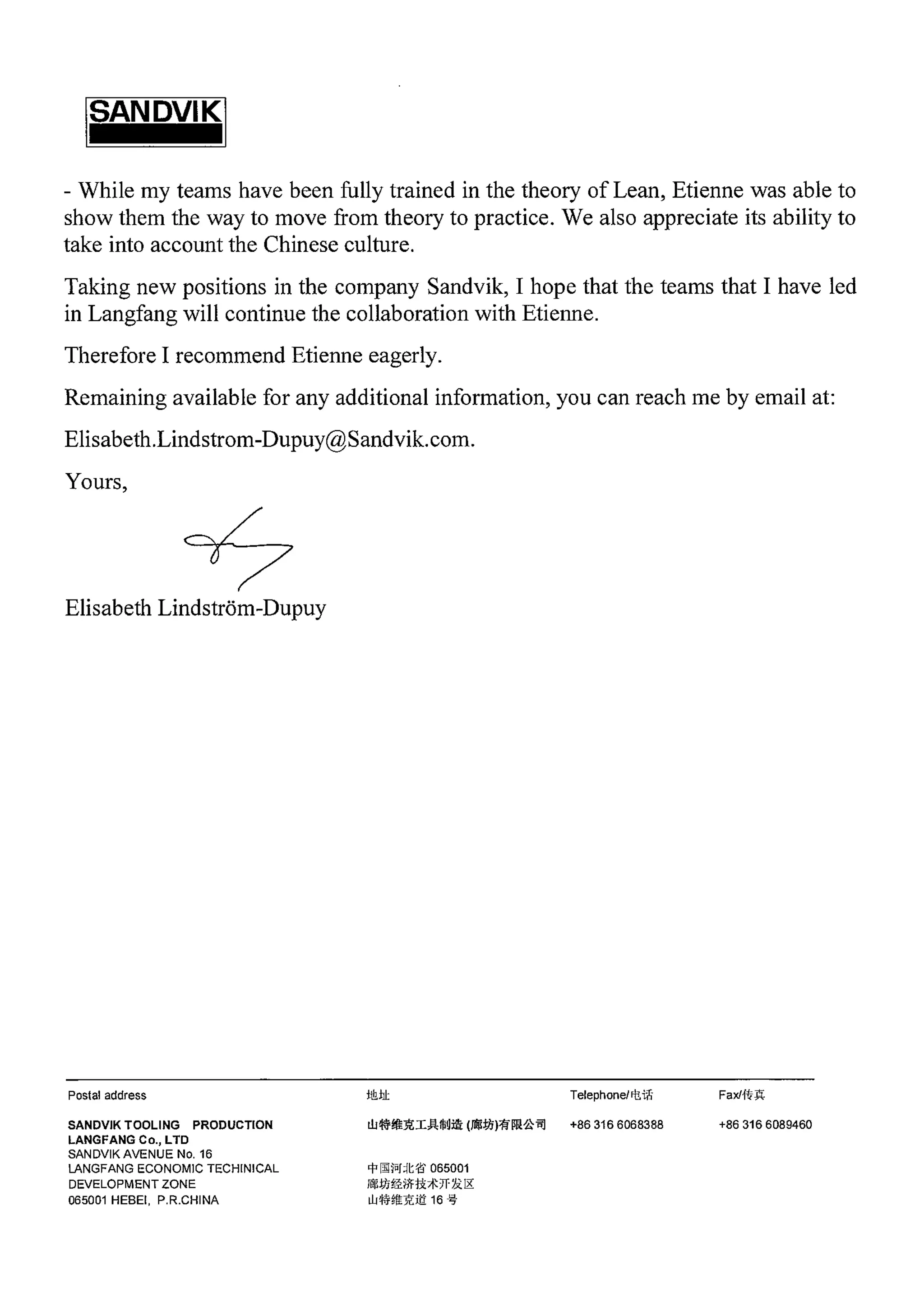 Recommandation Letter from Elisabeth Lindstrom Plant Manager Sandvik ...