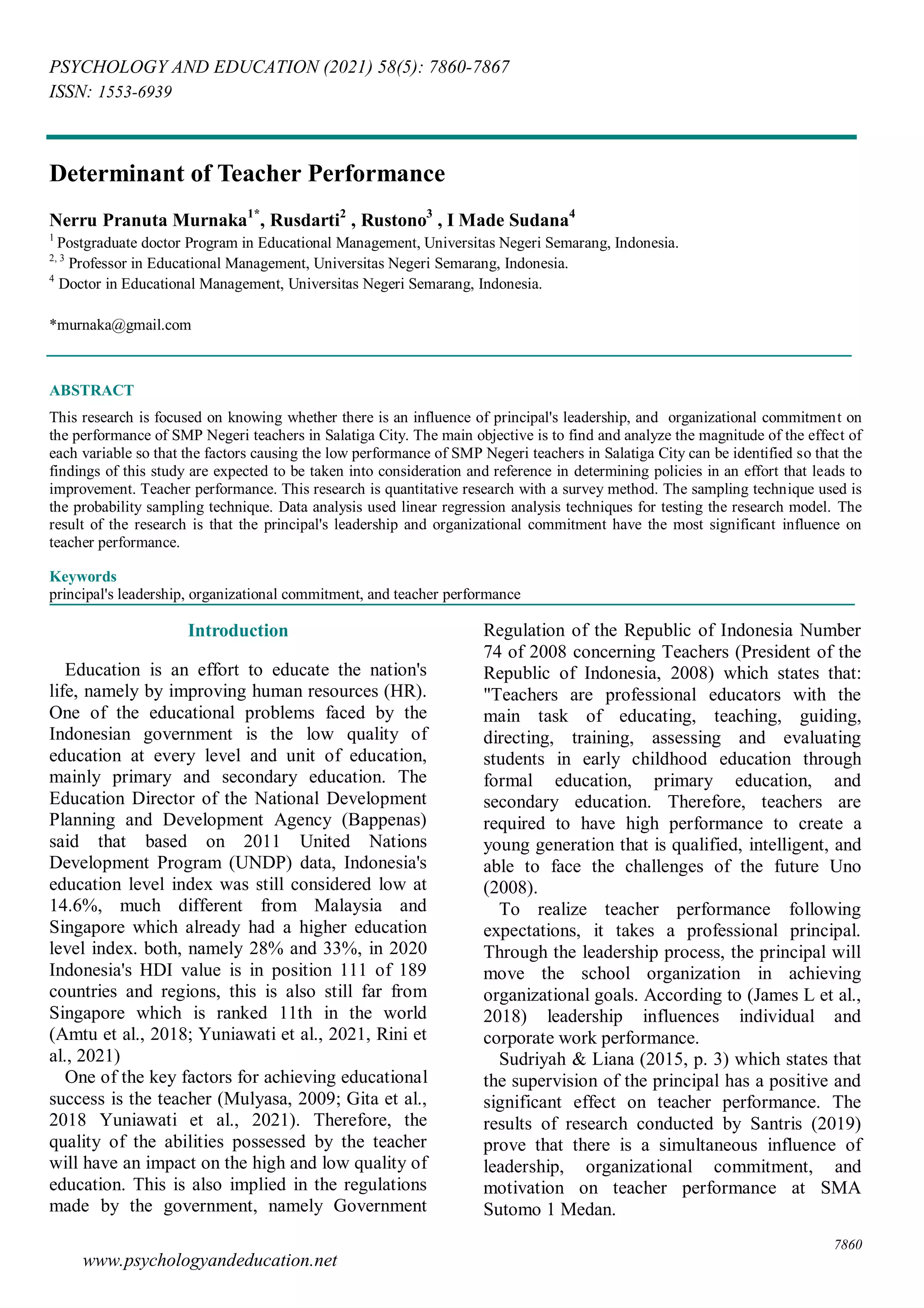 Determinant of Teacher Performance | PDF