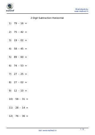 Two Digit Subtraction(Horizontal) - Maths Worksheets