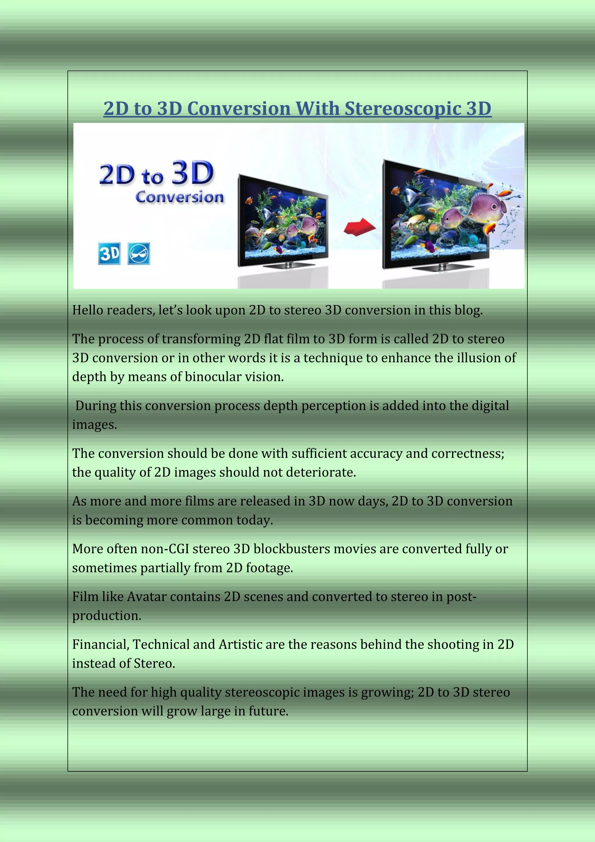 2D to 3D Conversion With Stereoscopic 3D | PDF | 3-D Graphics ...