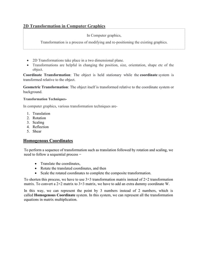 2D Transformation in Computer Graphics | PDF
