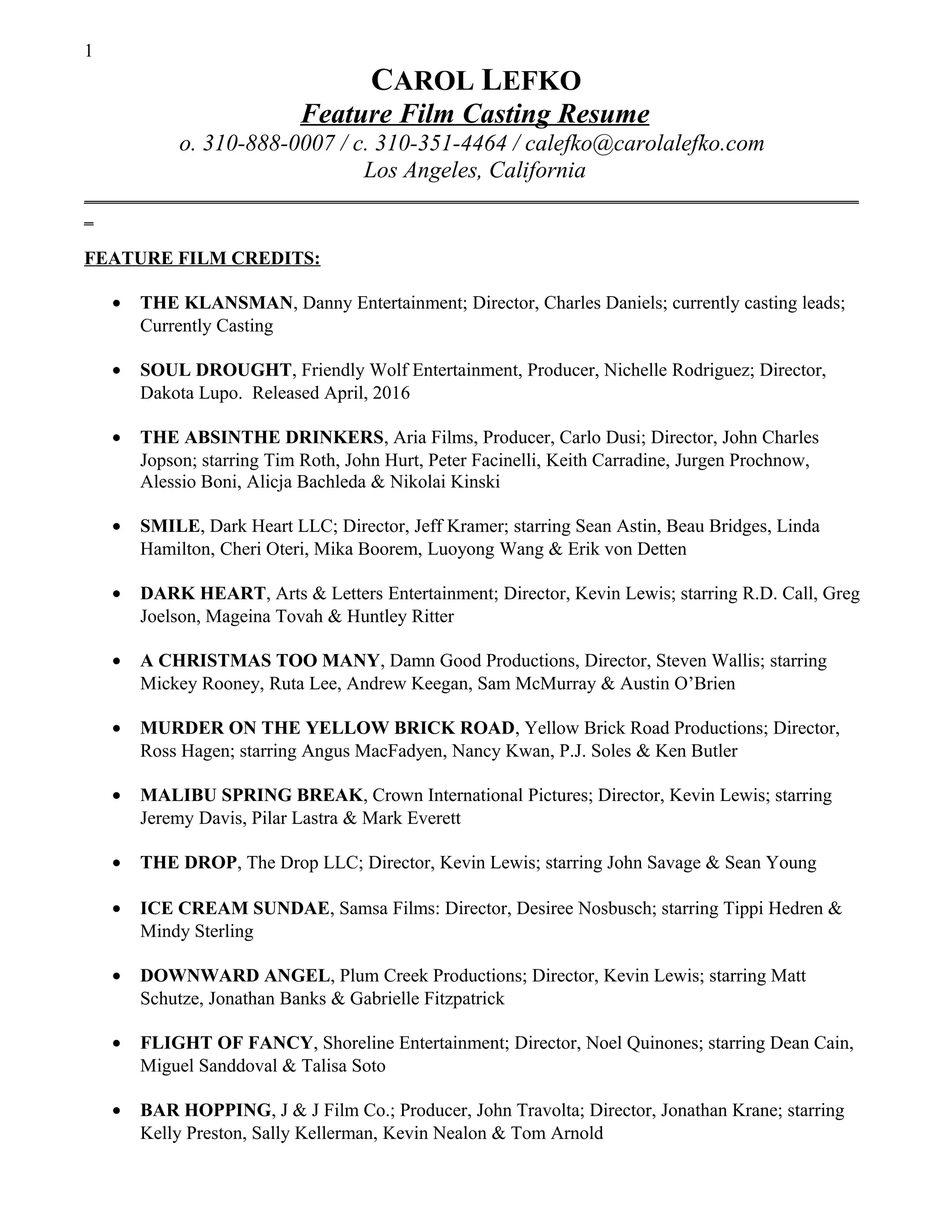 CAROL LEFKO - Feature Film Casting Resume | DOC