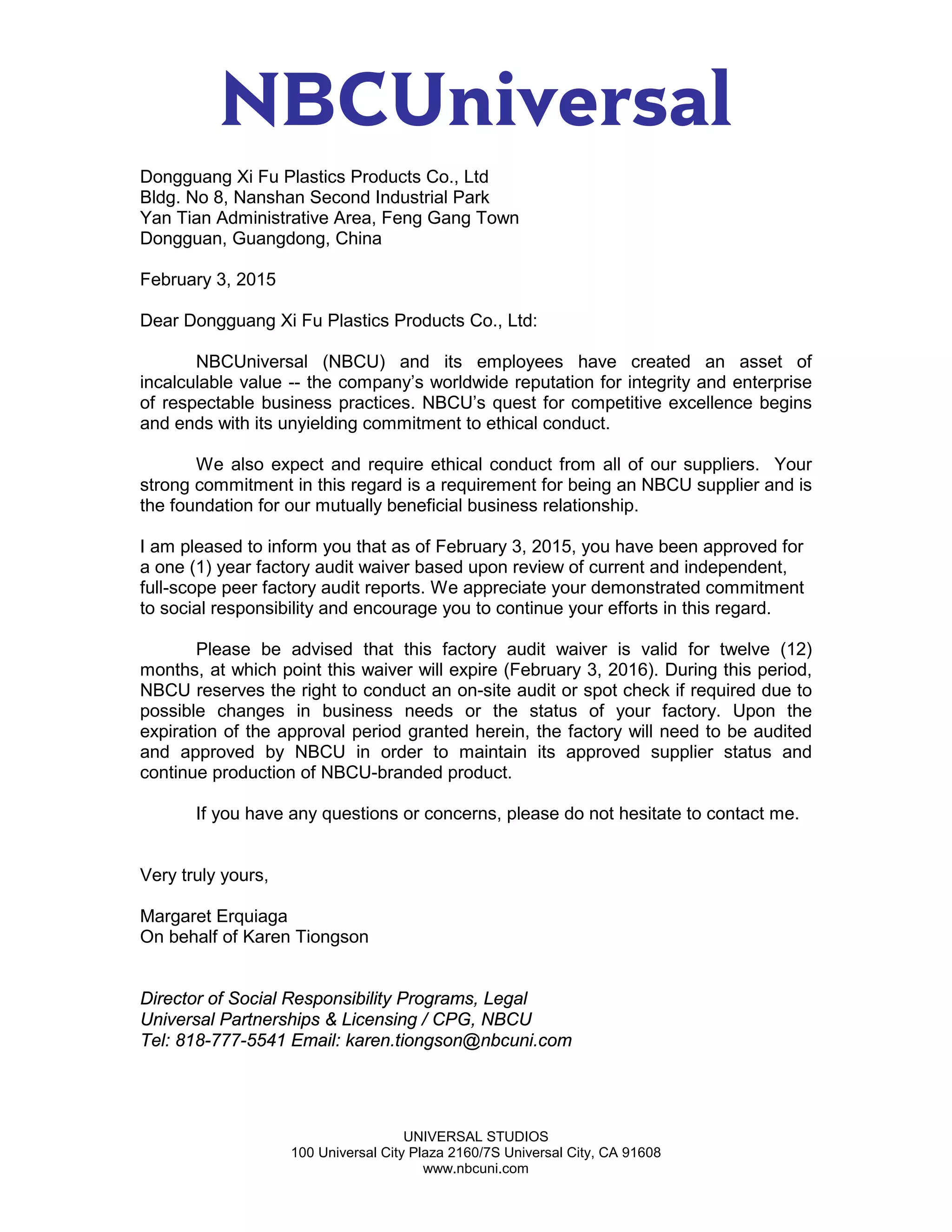 1 Year Factory Audit Waiver Approval Letter Expires 2.3.16