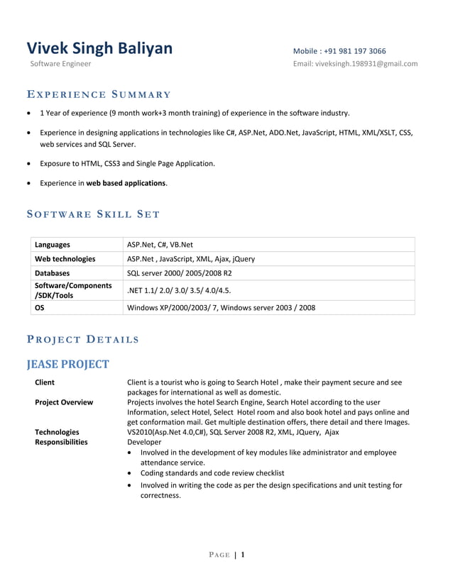 VivekSingh Cv for .Net | Web Development | Internet