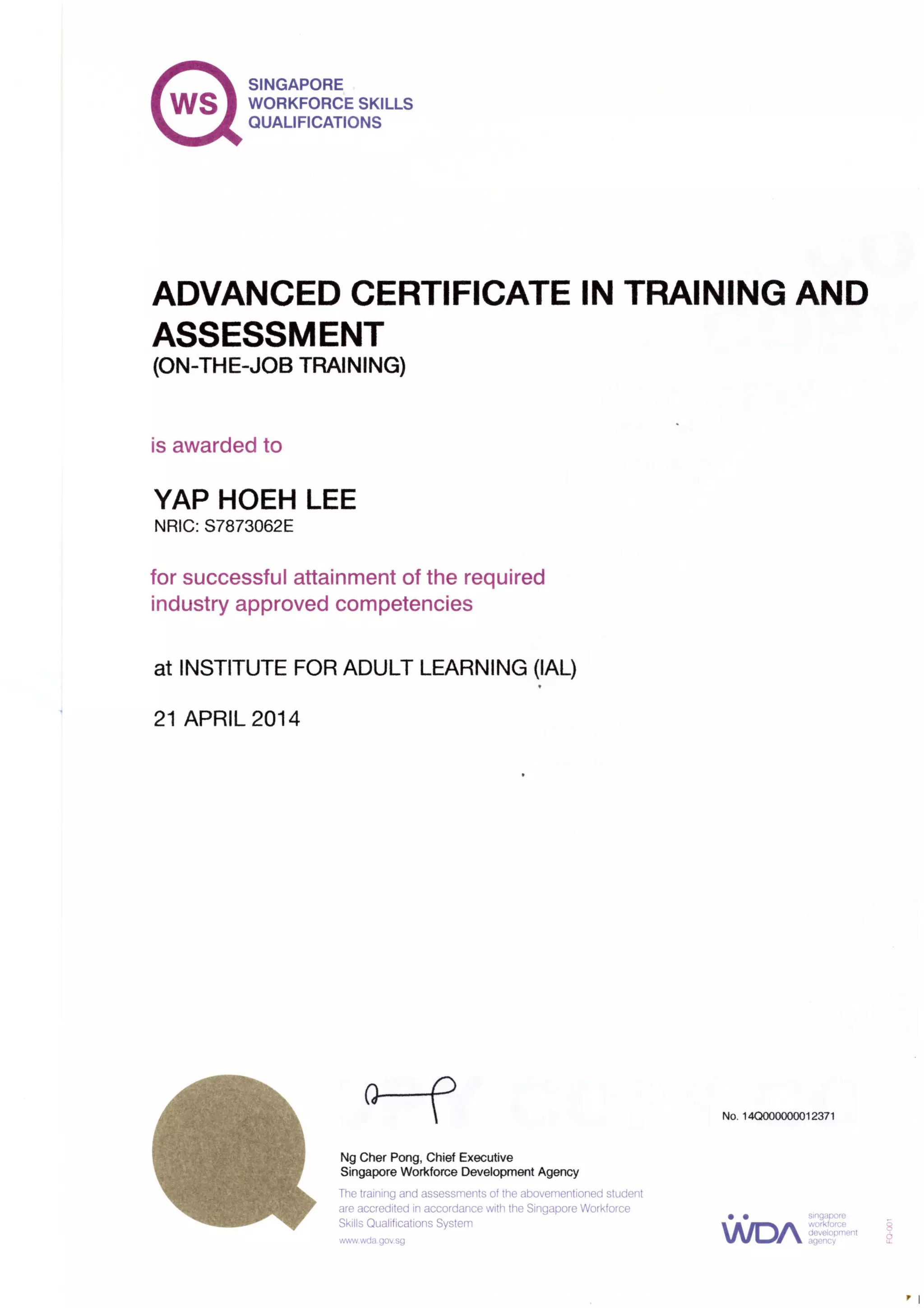 Yap Hoeh Lee ACTA (OJT) Certification | PDF