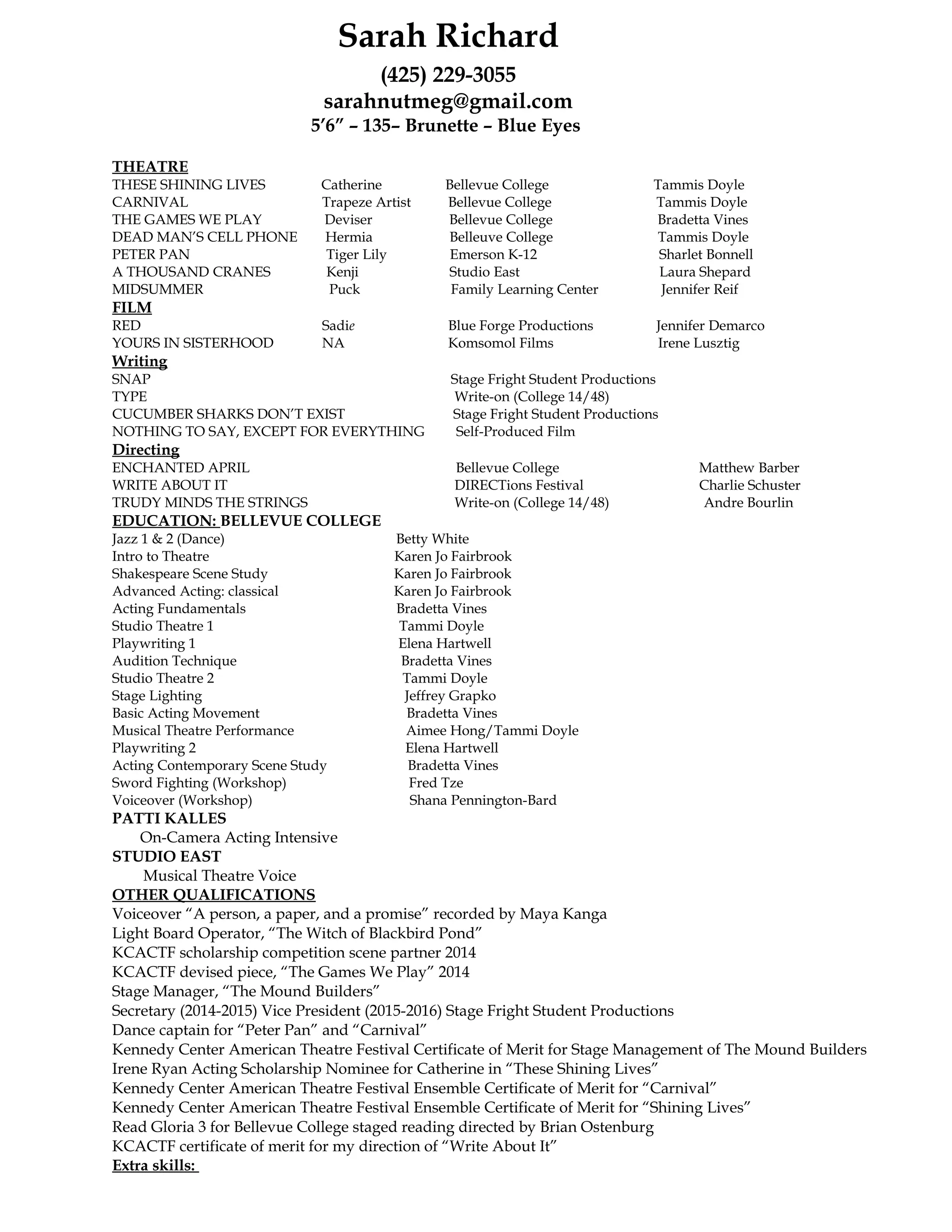 Sarah Emily Richard- Theatre Resume | PDF