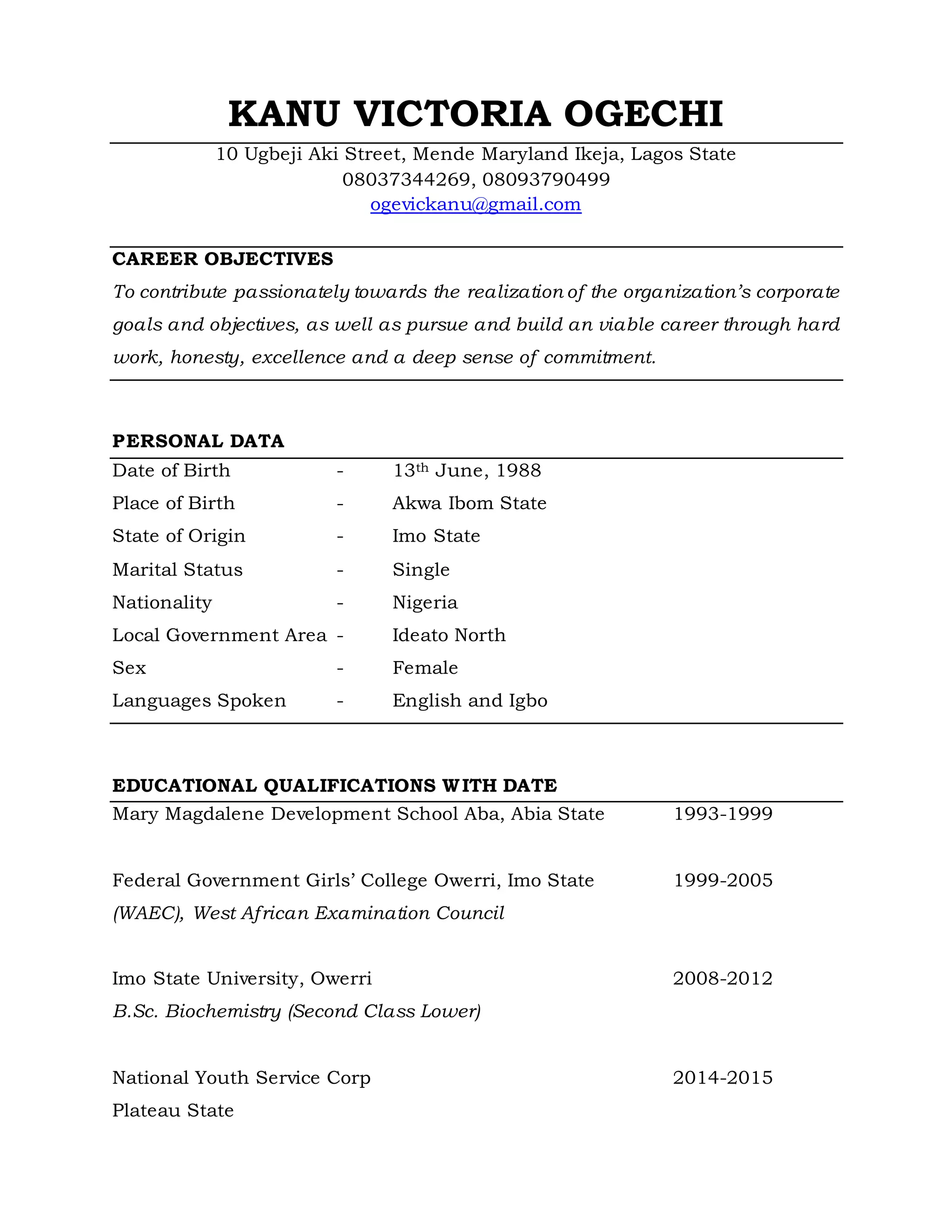 KANU VICTORIA OGECHI | DOCX | Career Planning | Careers