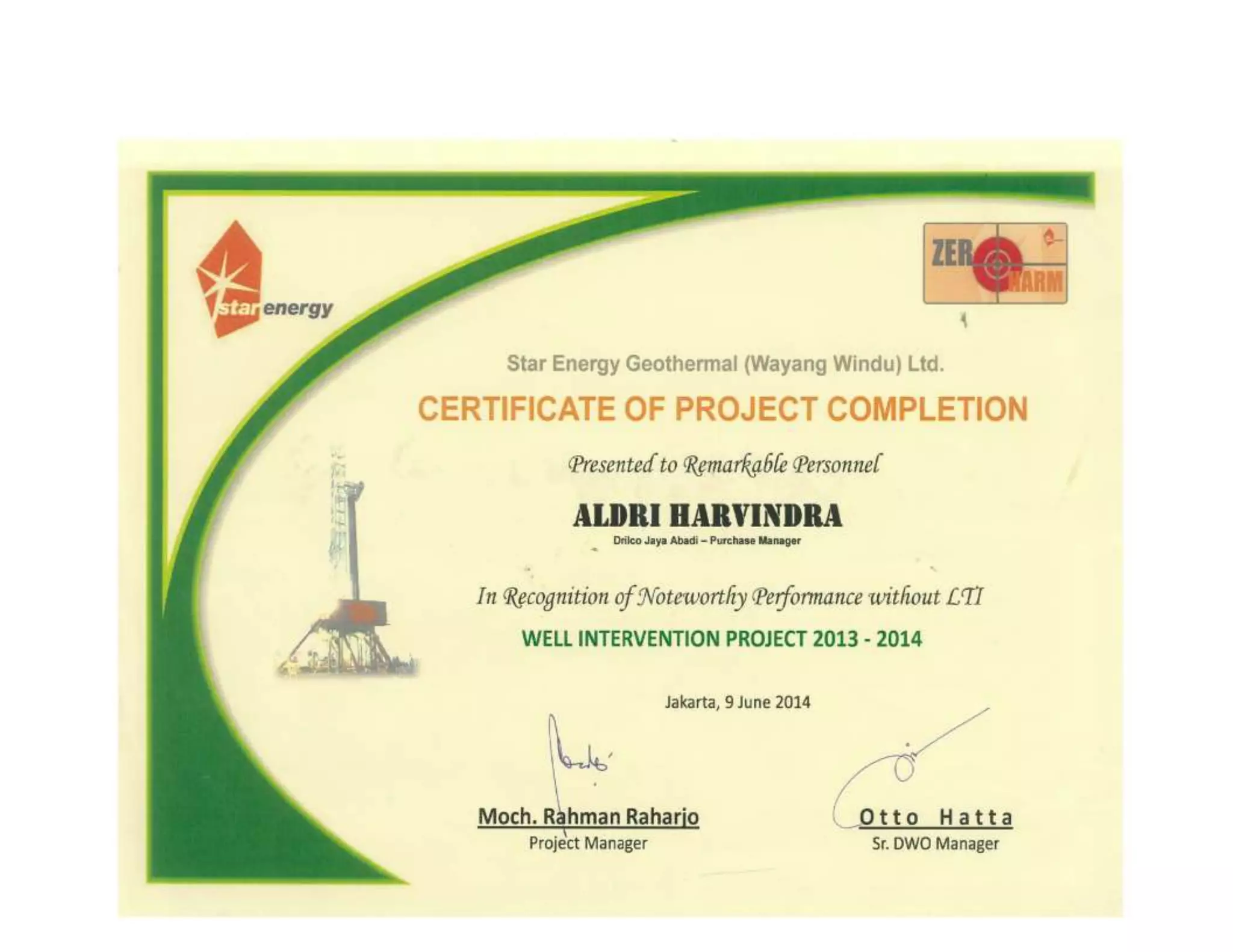Certificate Project Completion Star Energy | DOCX