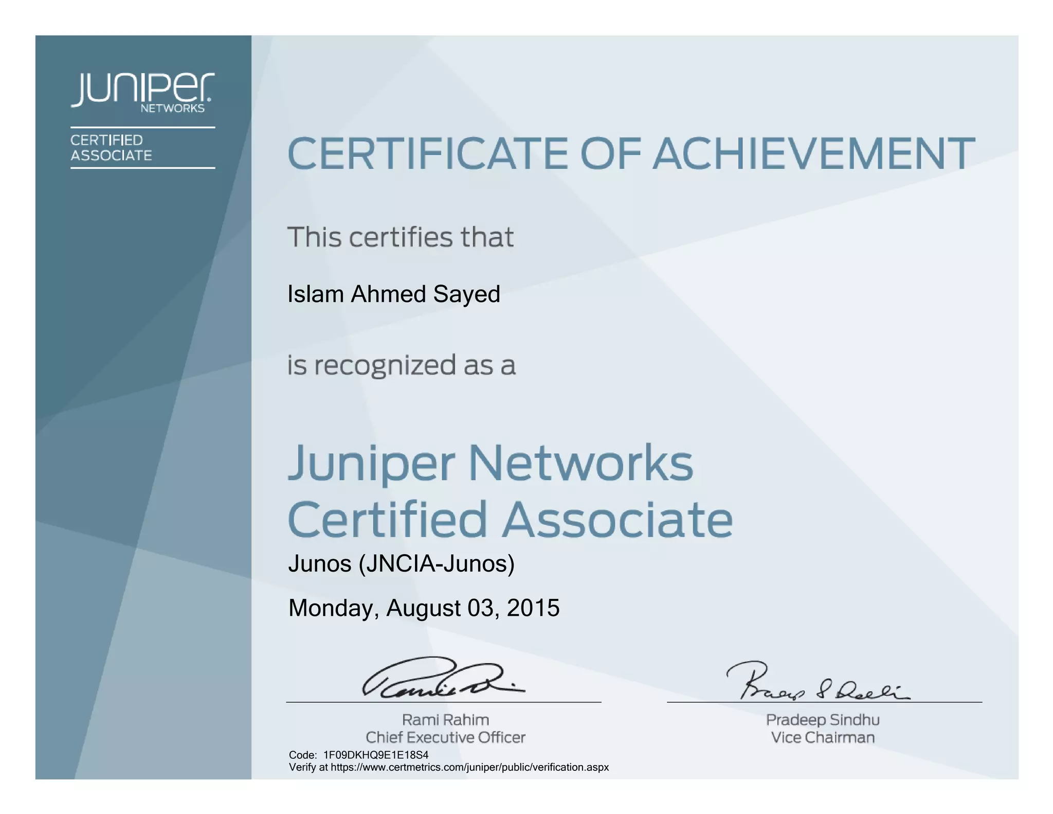 Junos certificate | PDF | Technology & Computing