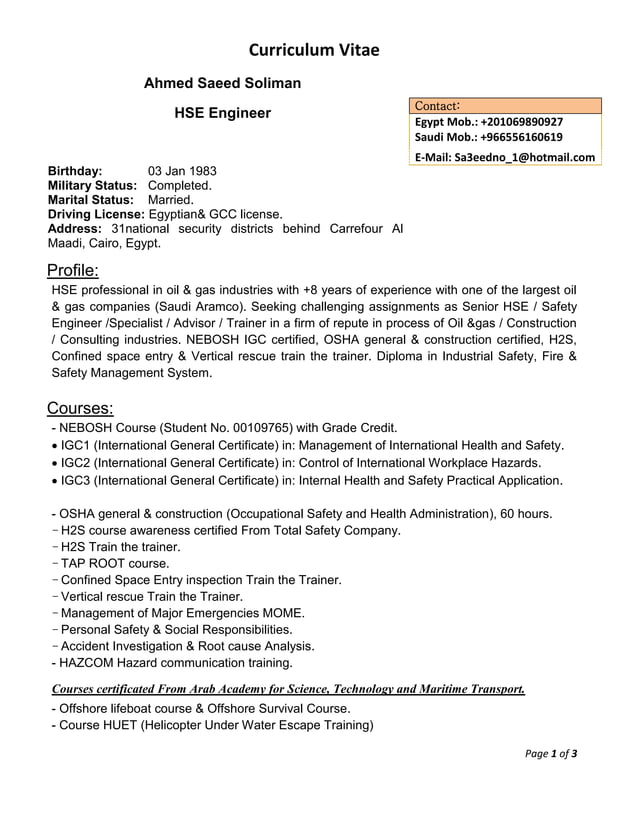 CV (Ahmed Saeed) HSE Engineer | PDF