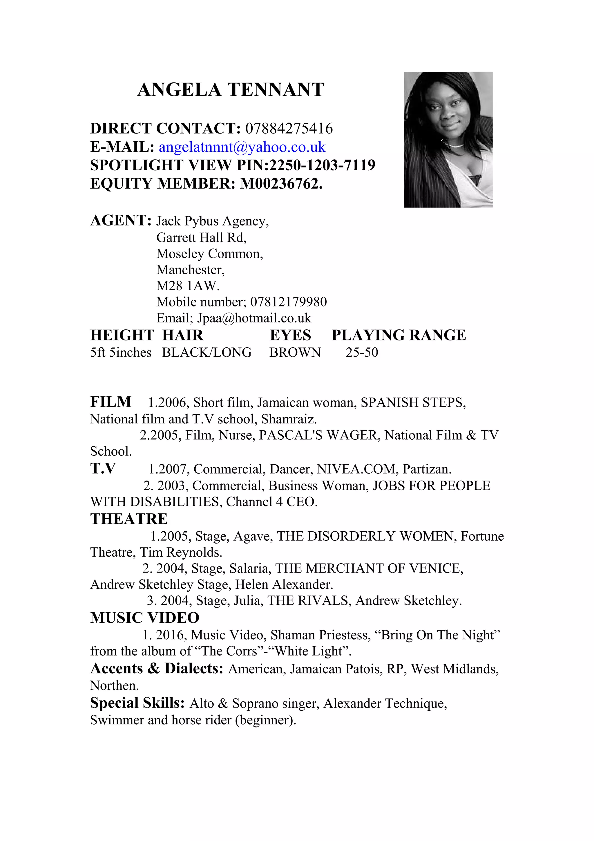 angela tennant's acting c.v. with new credit | DOC