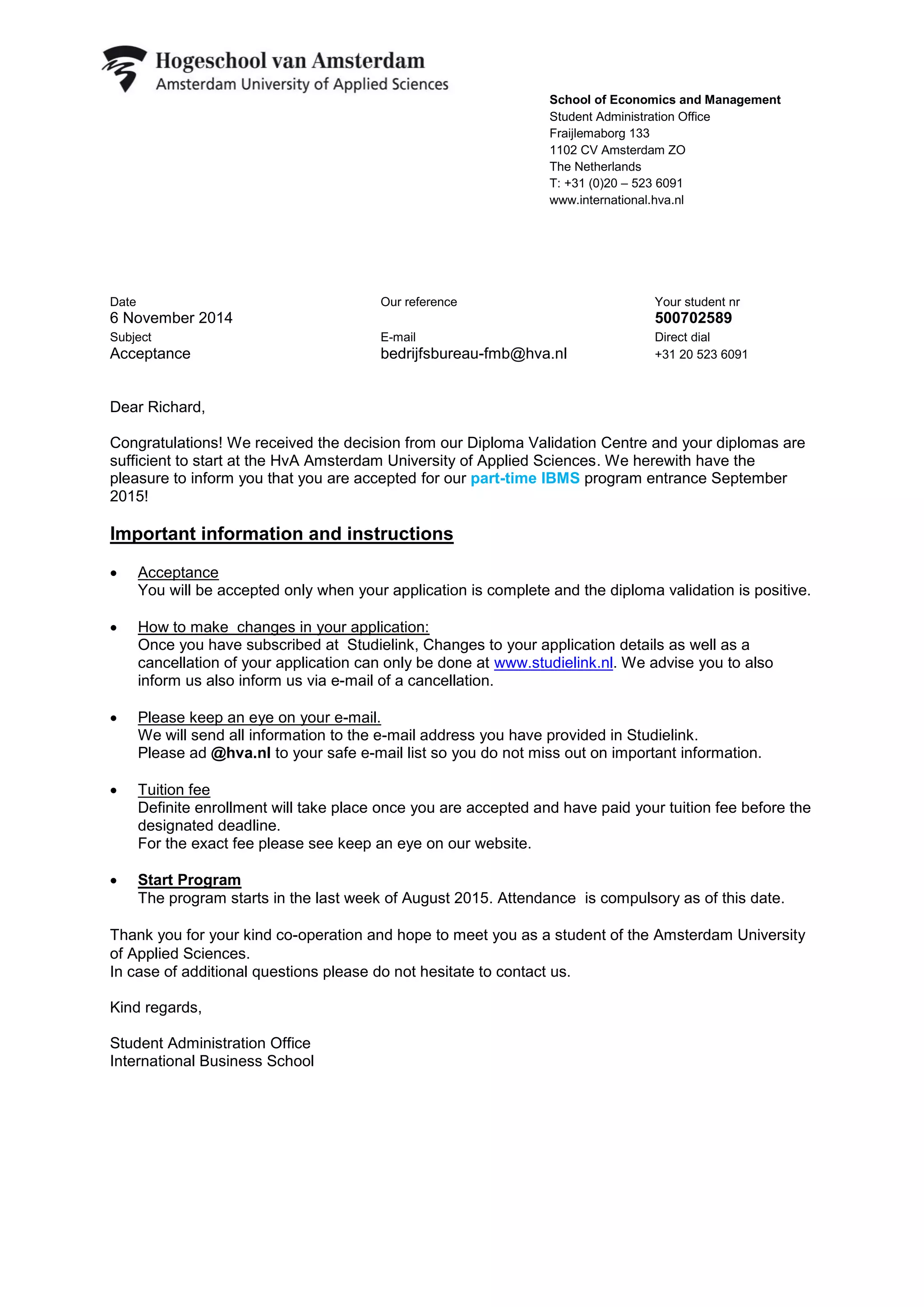 Acceptance letter and important information_Richard Sande Barya | PDF