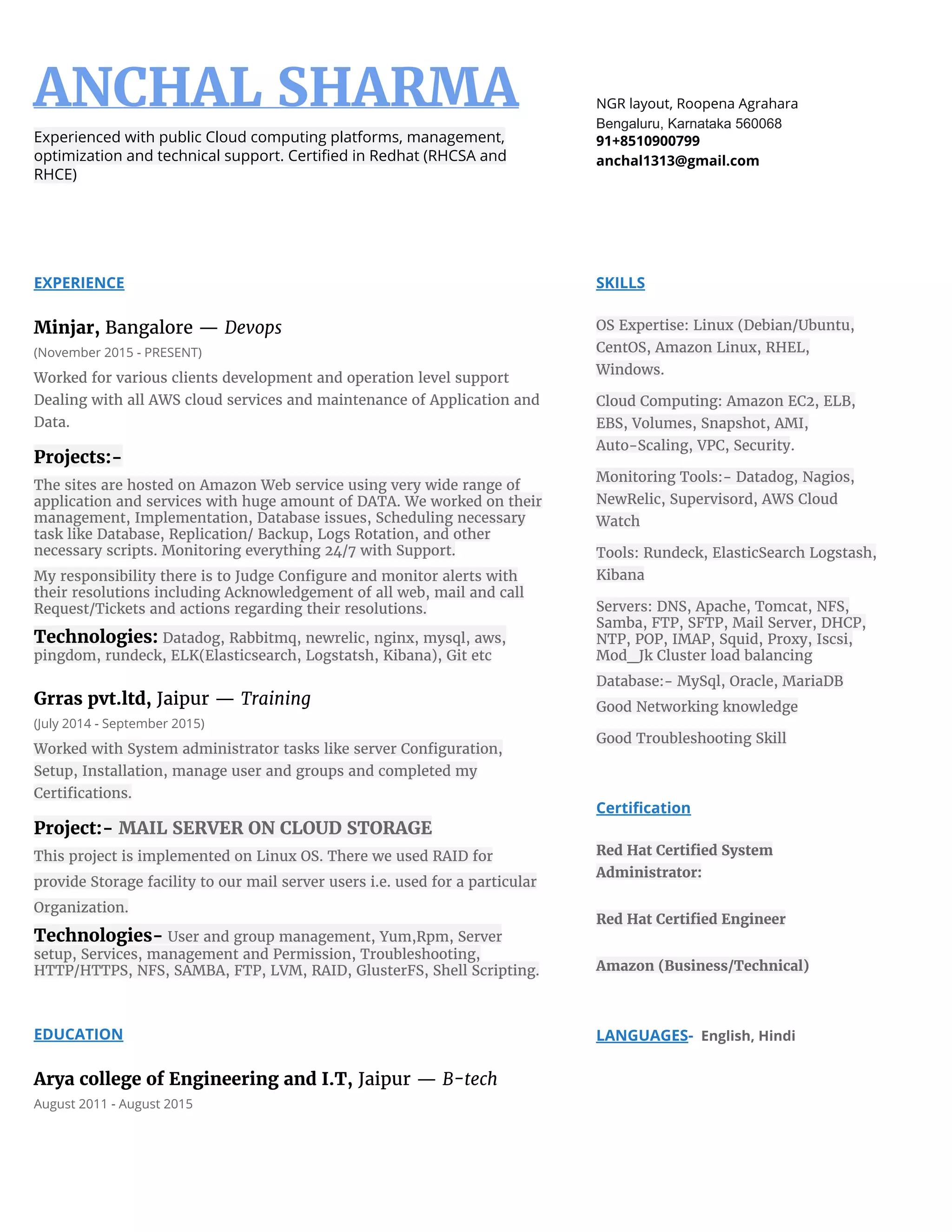 AnchalResume | PDF | Cloud Computing | Internet