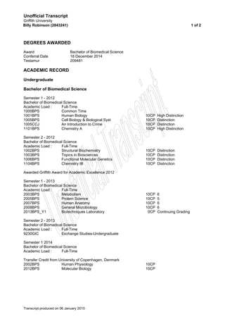 Billy Robinson Academic Transcript | PDF