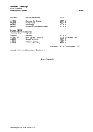 Billy Robinson Academic Transcript | PDF