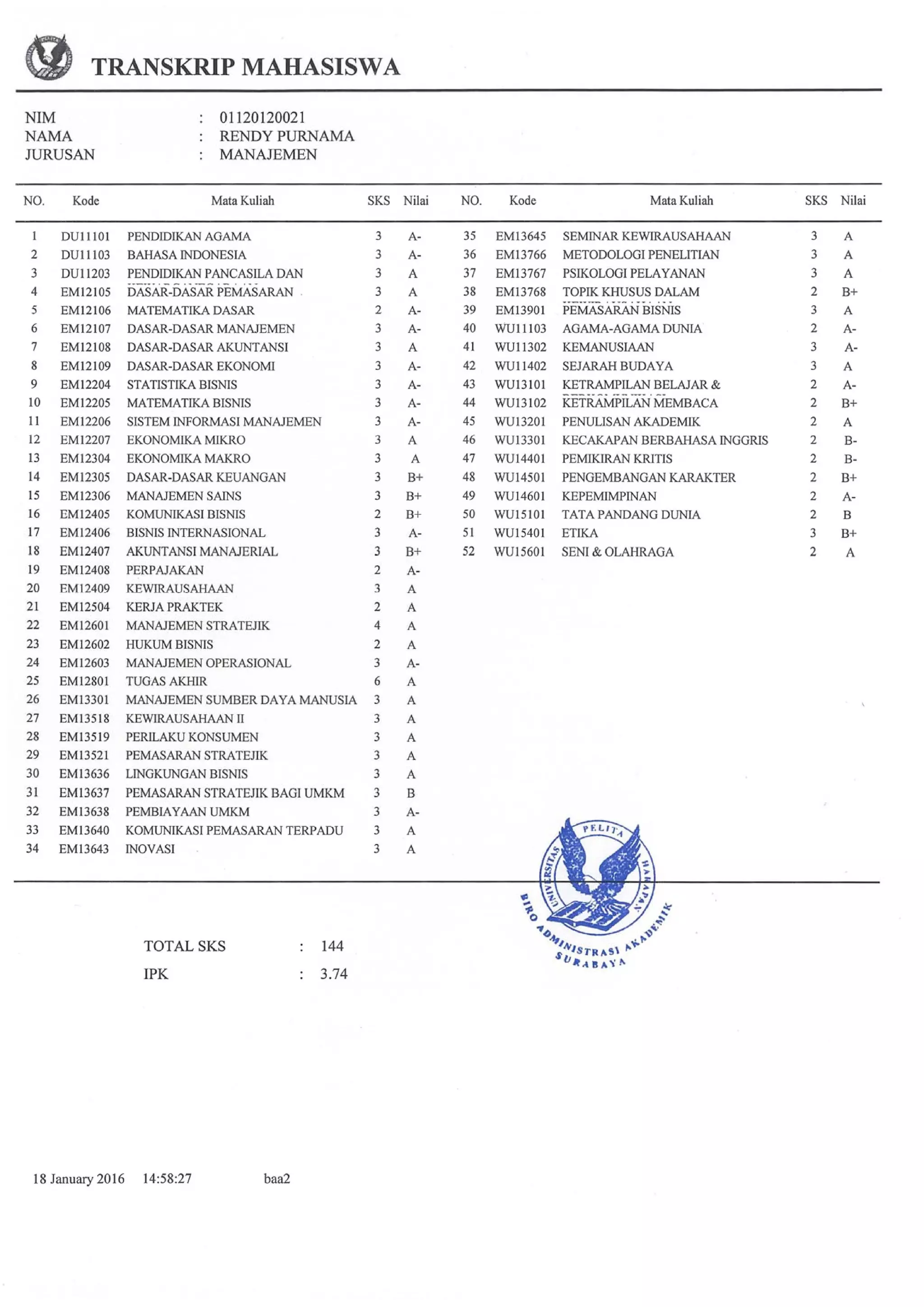 Rendy CV, Transkrip Akademik, Transkrip non Akademik & Surat Keterangan | PDF