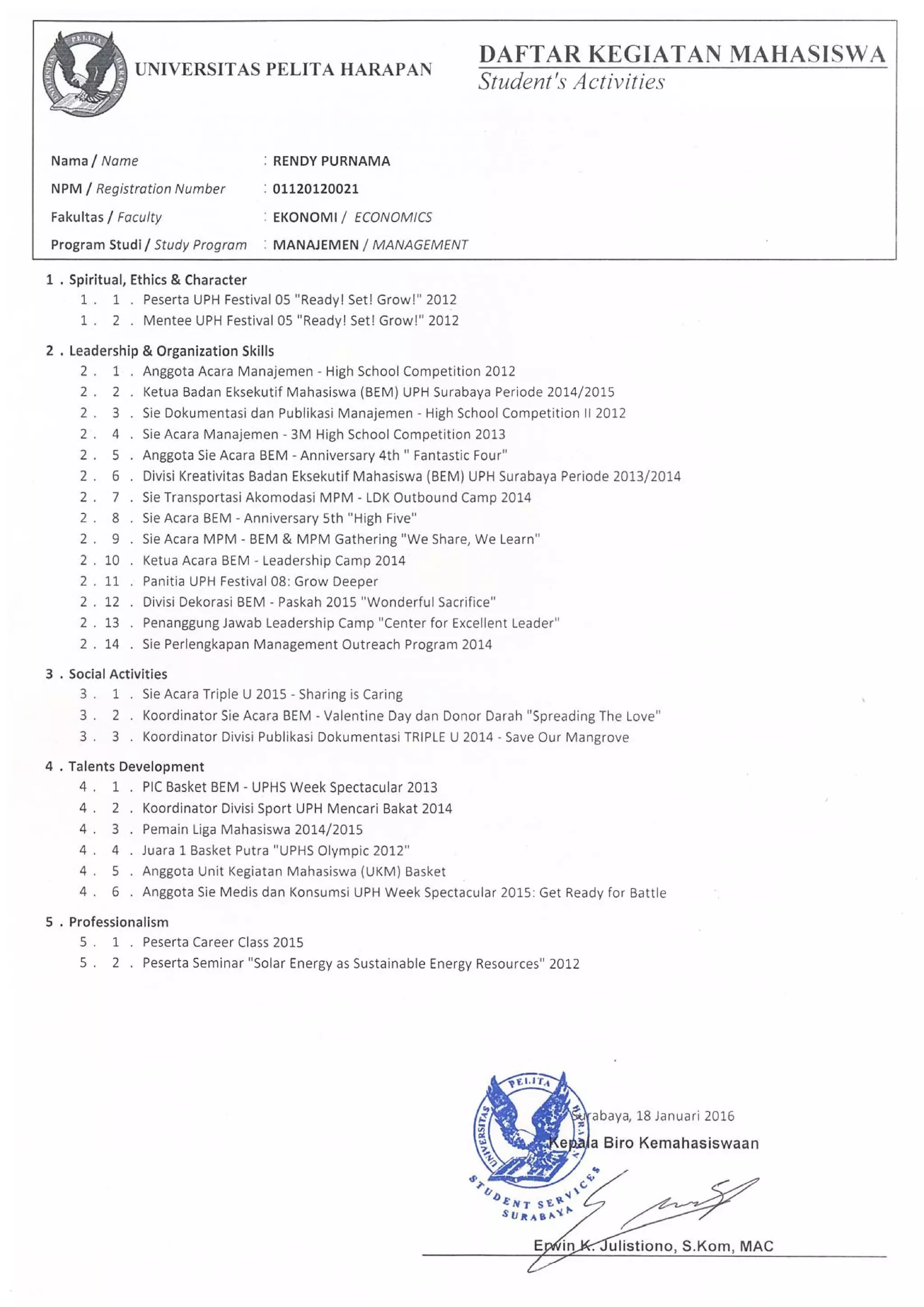 Rendy CV, Transkrip Akademik, Transkrip non Akademik & Surat Keterangan | PDF