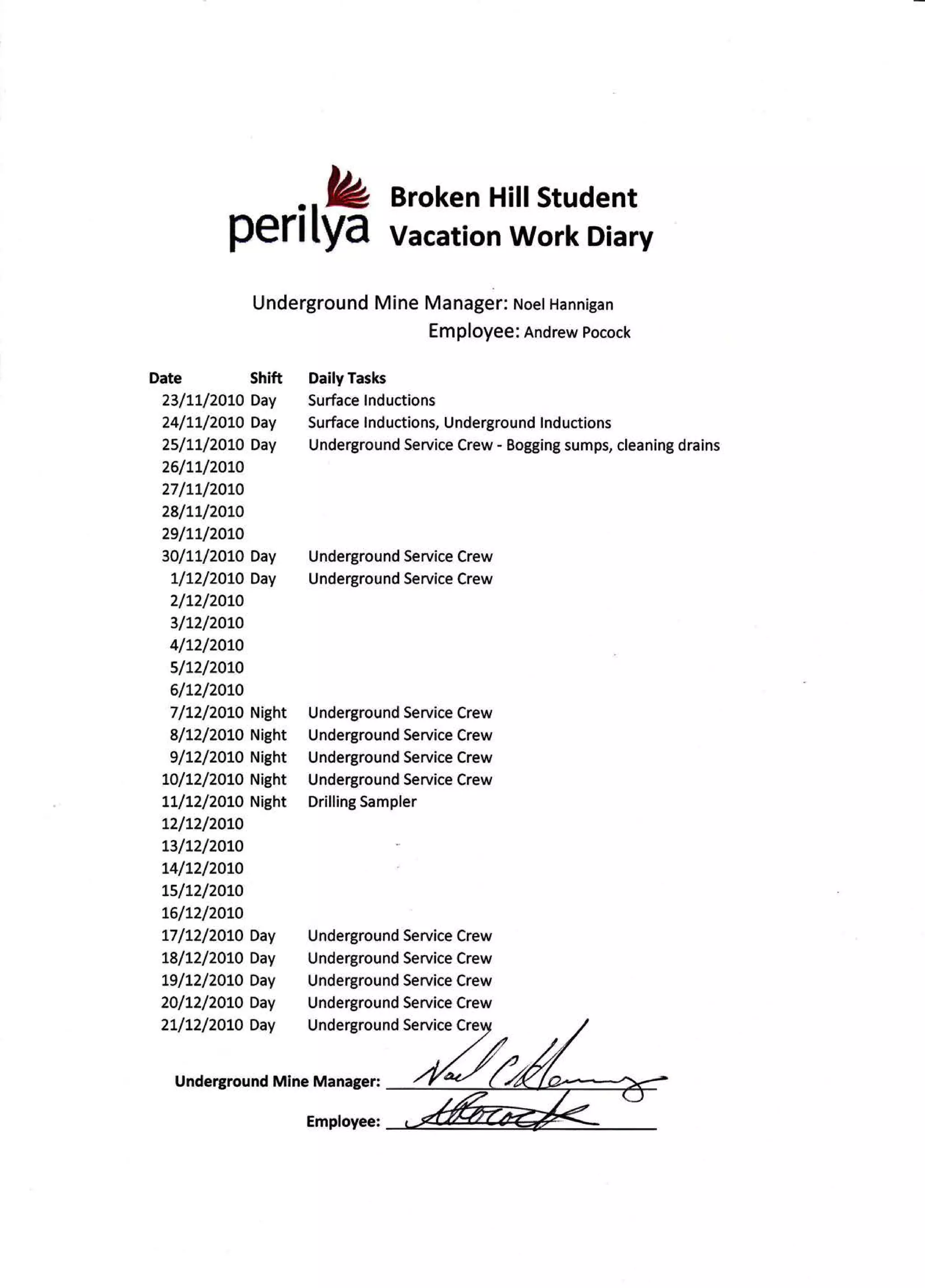 Perilya_Broken Hill Work Diary -Andrew Pocock | PDF