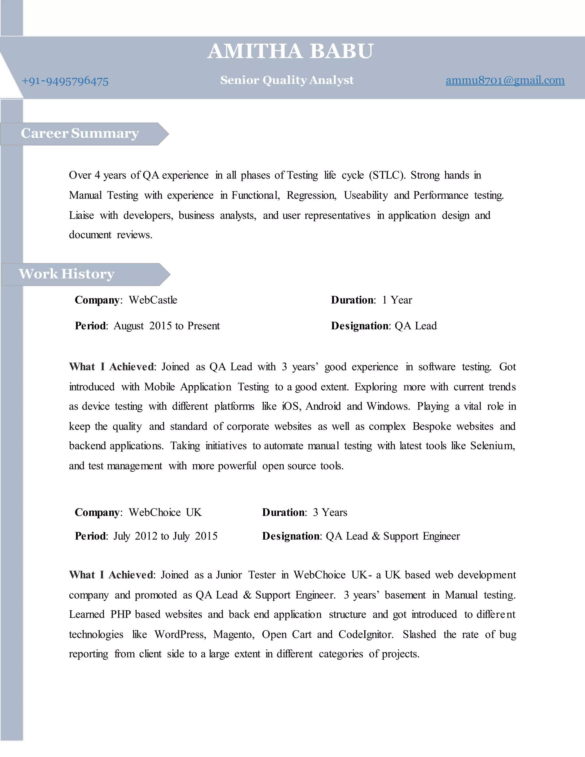 Amitha Resume QA - Updated | PDF