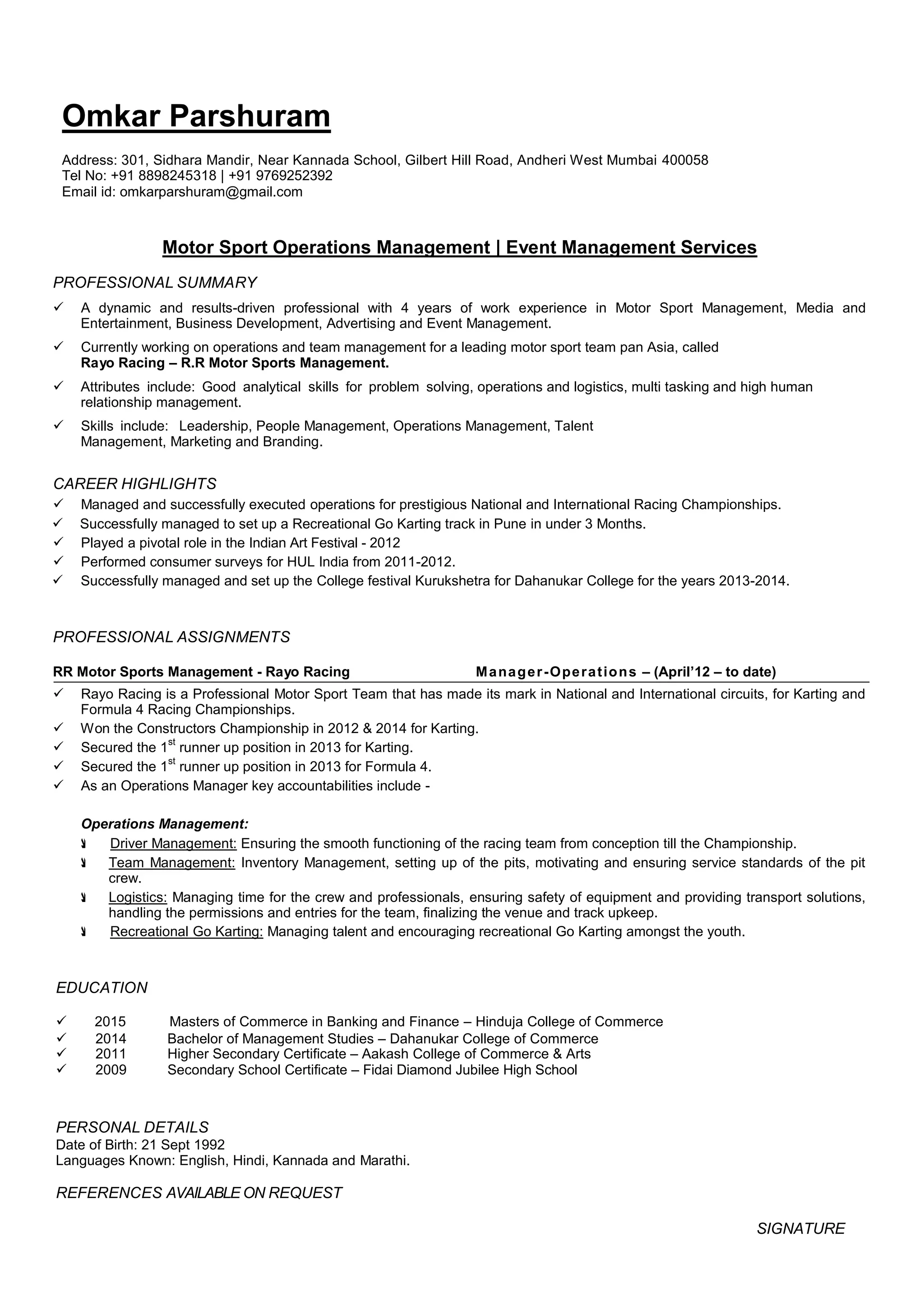 Omkar cv renewed 2016 JAN | PDF