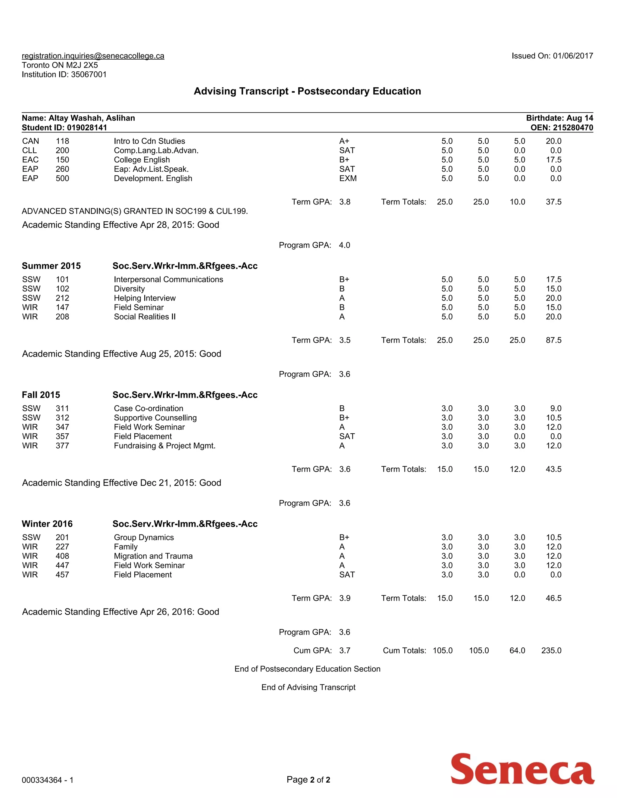 Trancript Seneca College-Aslihan Altay | PDF