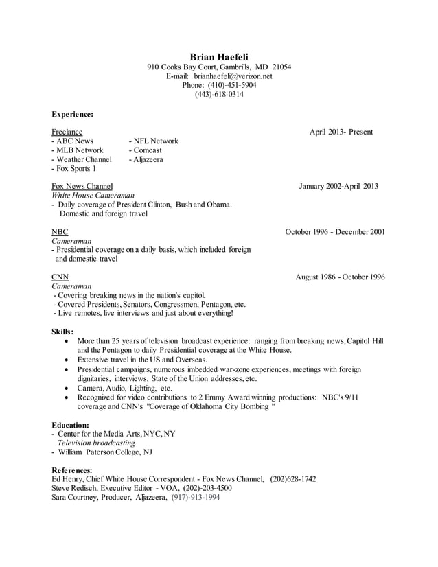 REVISED Brian Haefeli Resume 2014 | DOCX | Television | Entertainment