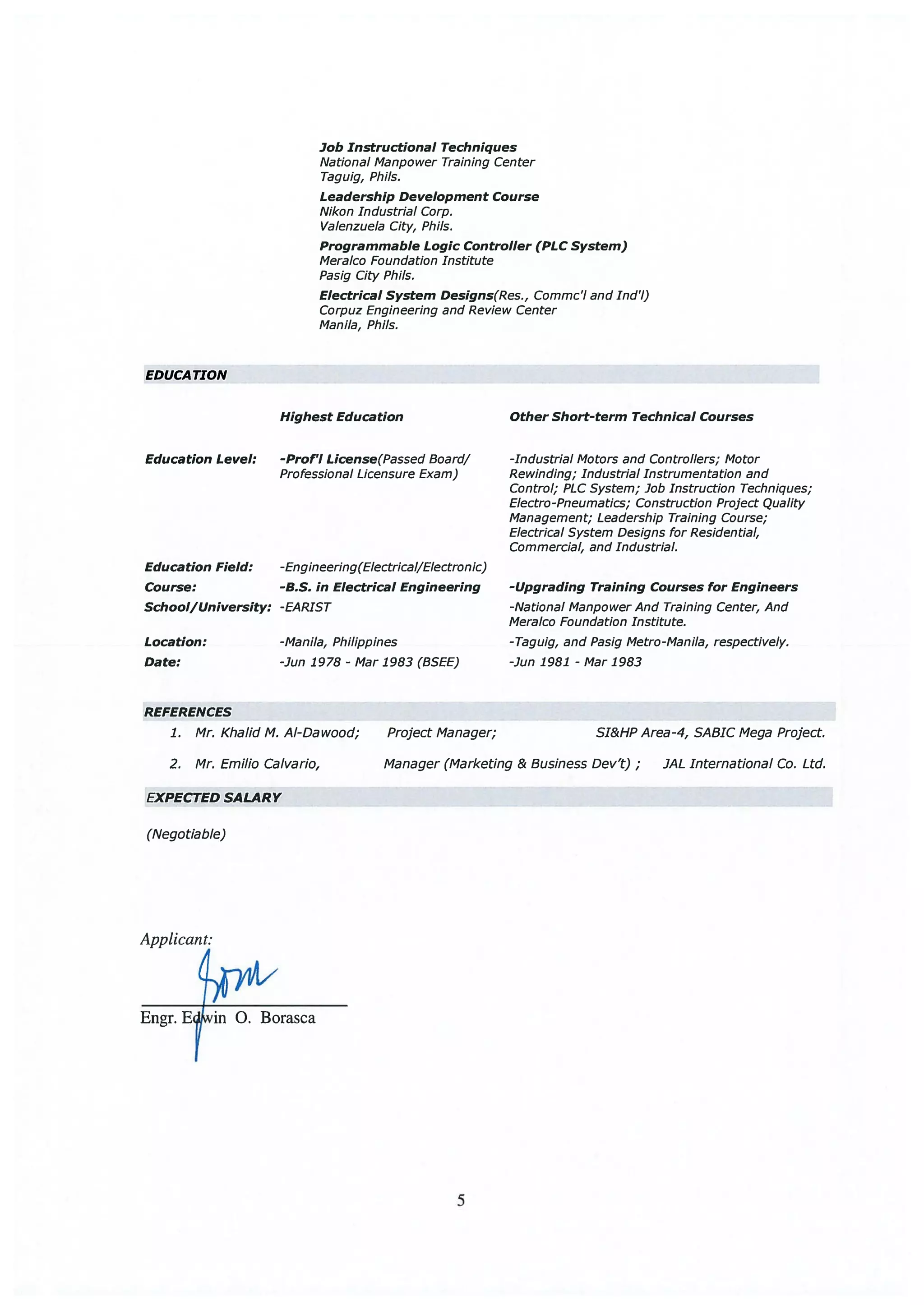 CV - EDWIN BORASCA- SR. ELECTRICAL ENGR | PDF