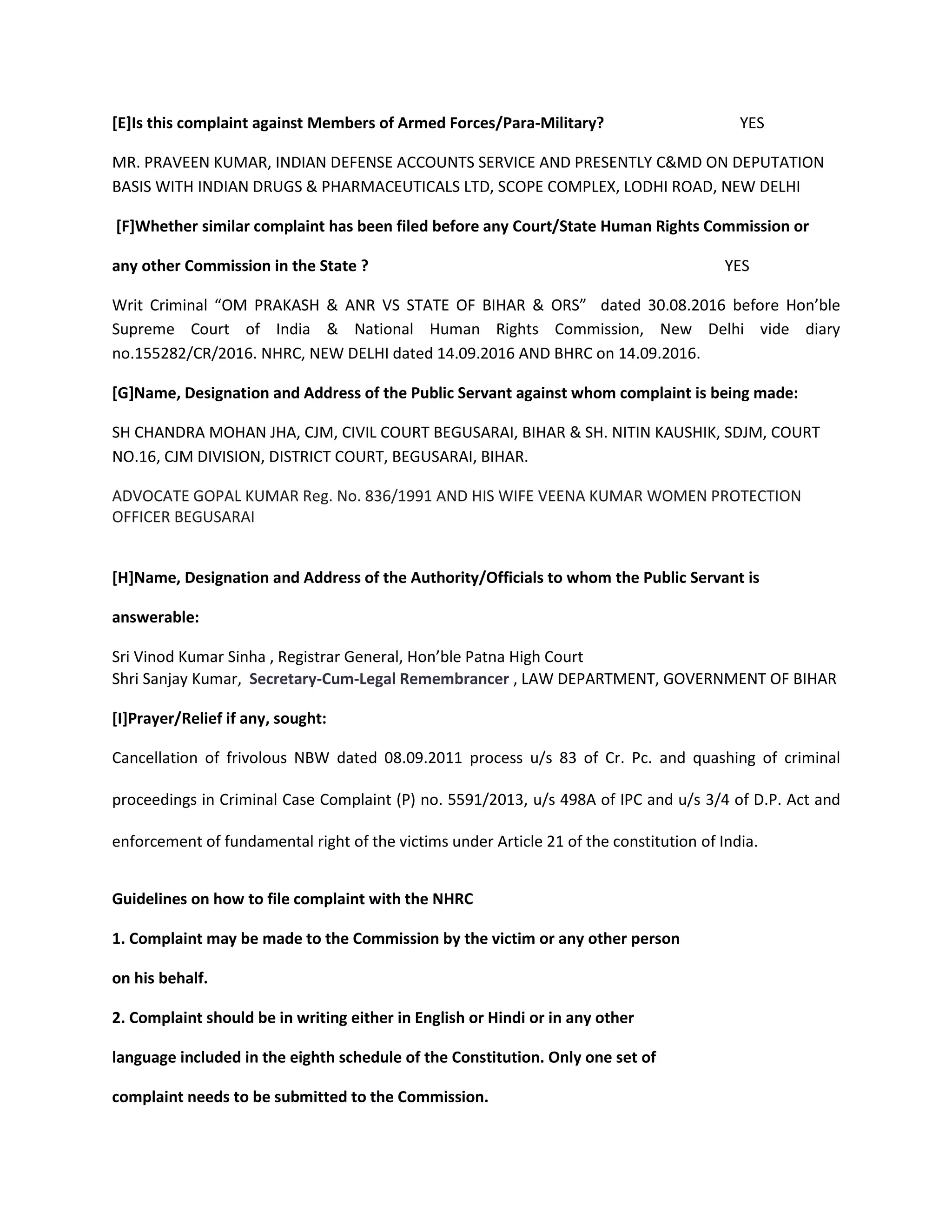 NHRC COMPLAINT_18_09_2016 | PDF