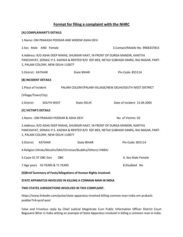 NHRC COMPLAINT_18_09_2016 | PDF | Crime & Harmful Acts to Individuals, Society & Human Right ...