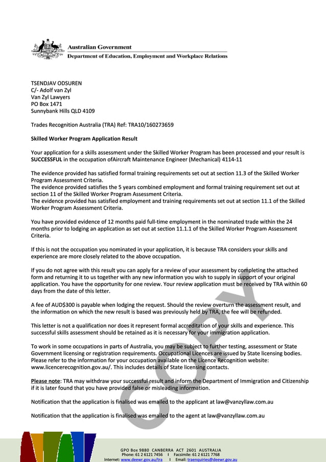 TRA outcome letter | PDF