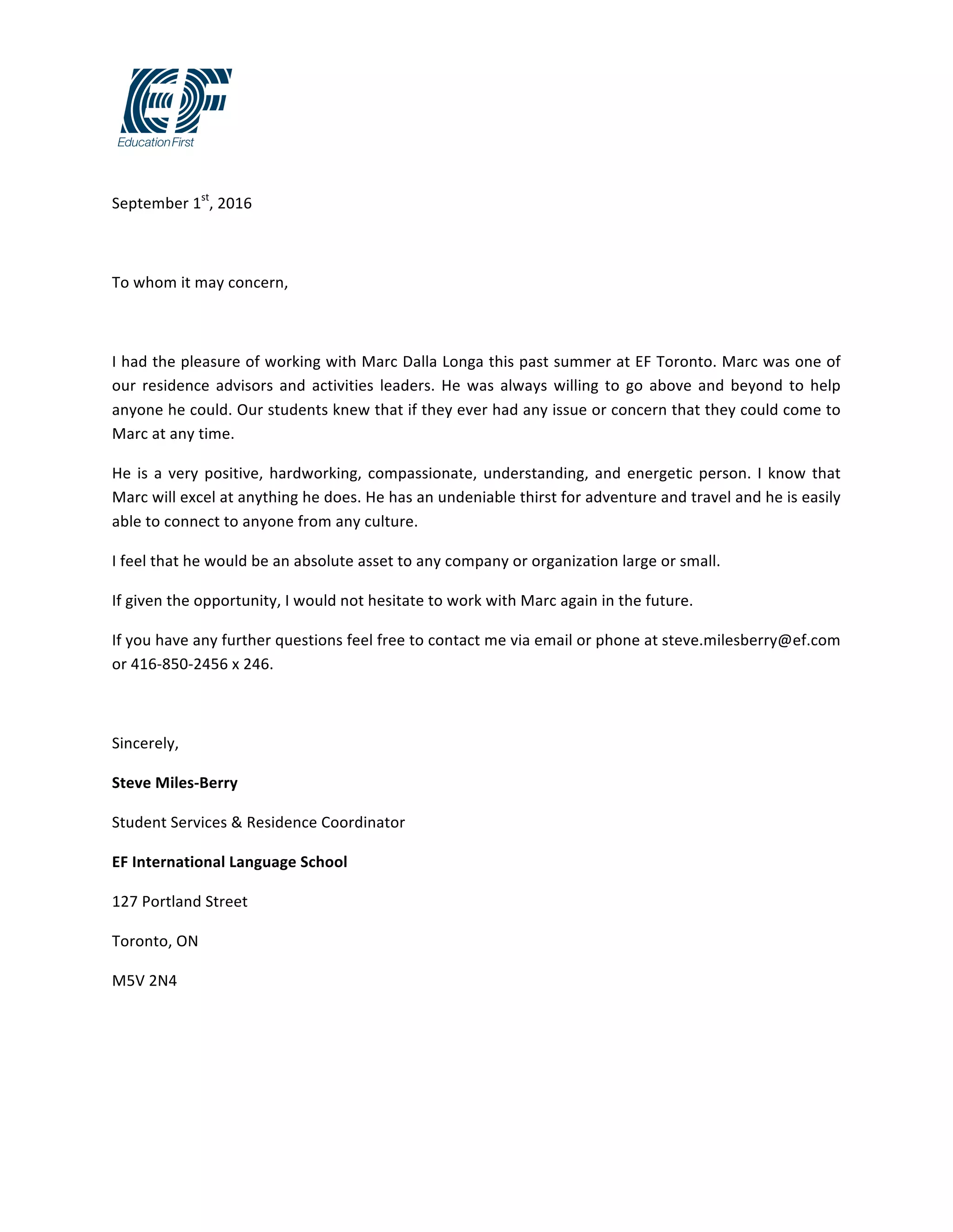 Reference letter - EF Toronto | PDF