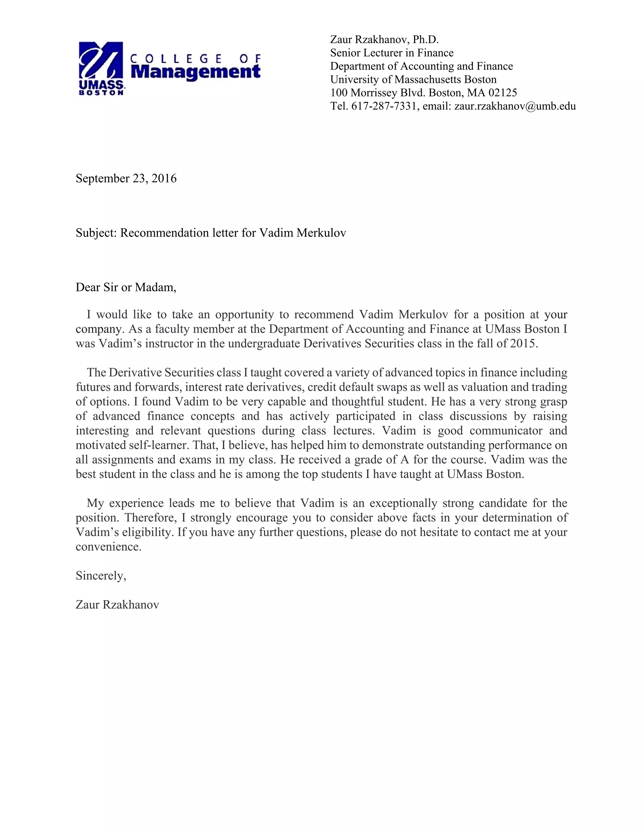 Recommendation Letter for Vadim Merkulov | PDF
