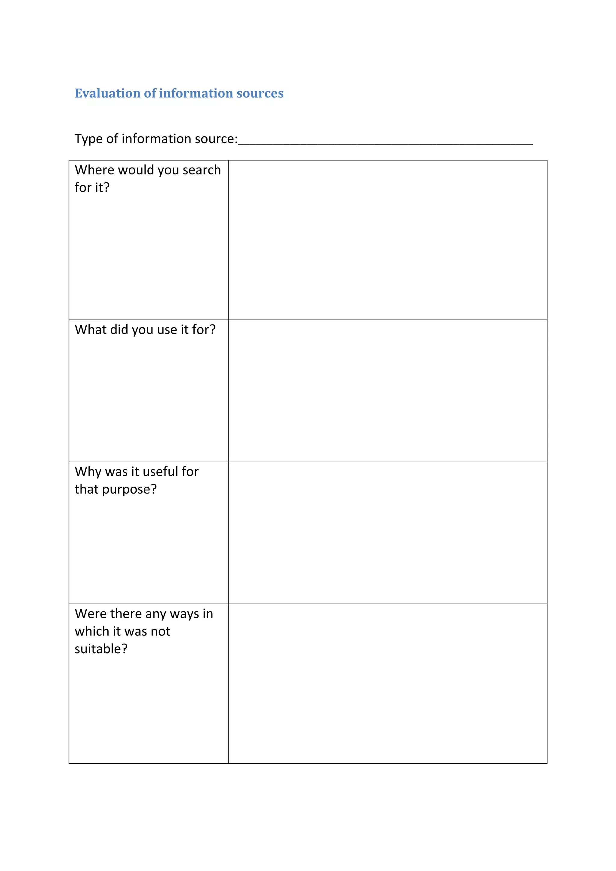Evaluation of information sources worksheet | PDF