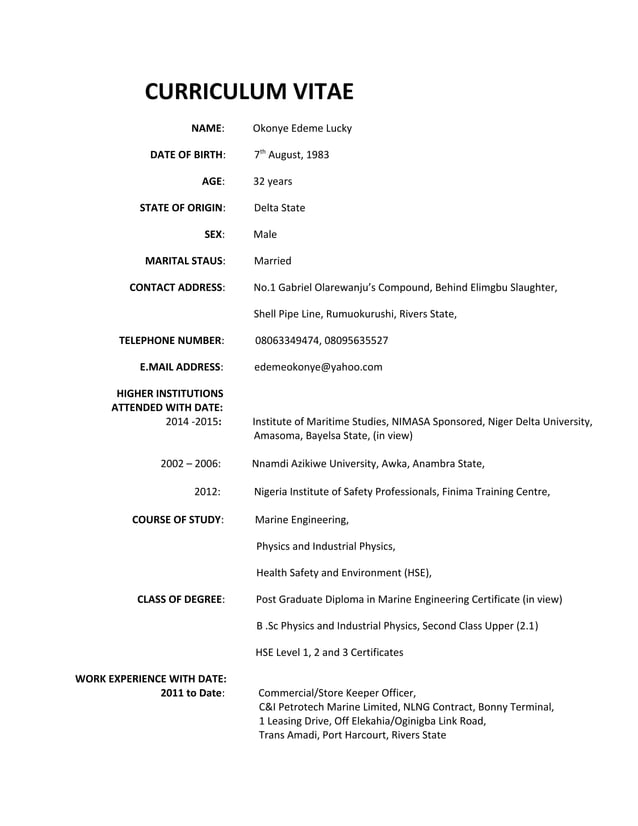 OKONYE LUCKY EDEME CV | DOC | Logistics | Business